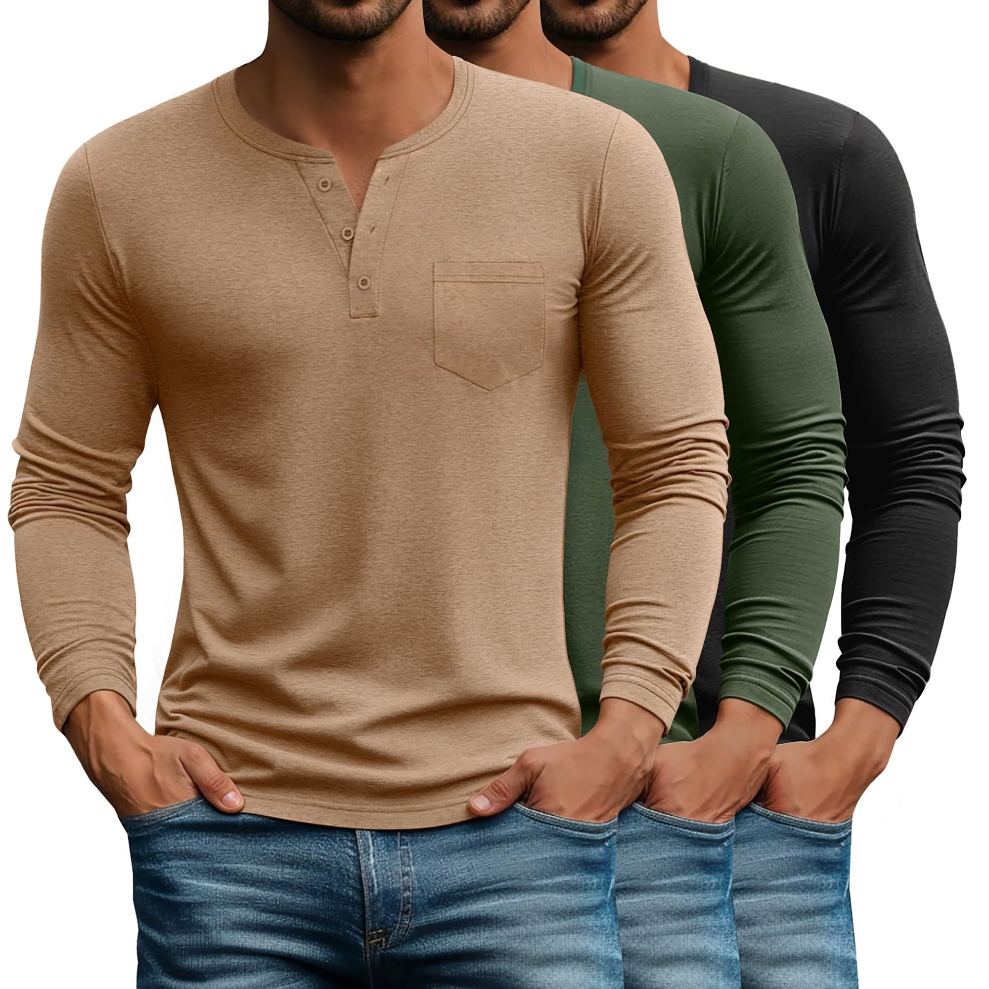 GENTS BLISS 3 Pack Henley Men Shirts Long Sleeve Plain T Shirts for Men ...