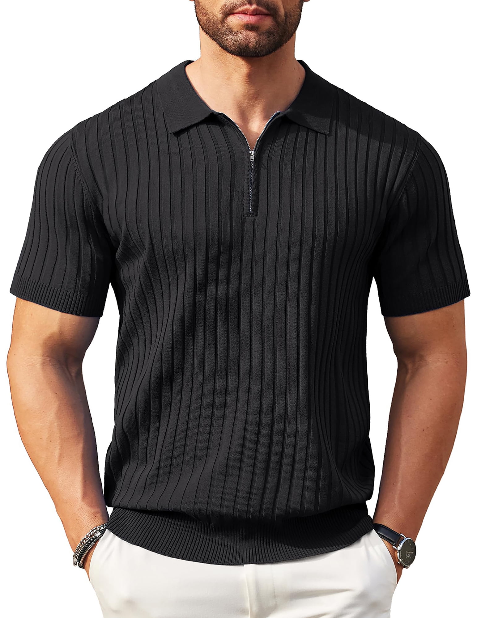 GENTS BLISS Polo Shirts for Men Casual Long Sleeve Mens Shirts Zipper Ribbed Knit Shirt ...