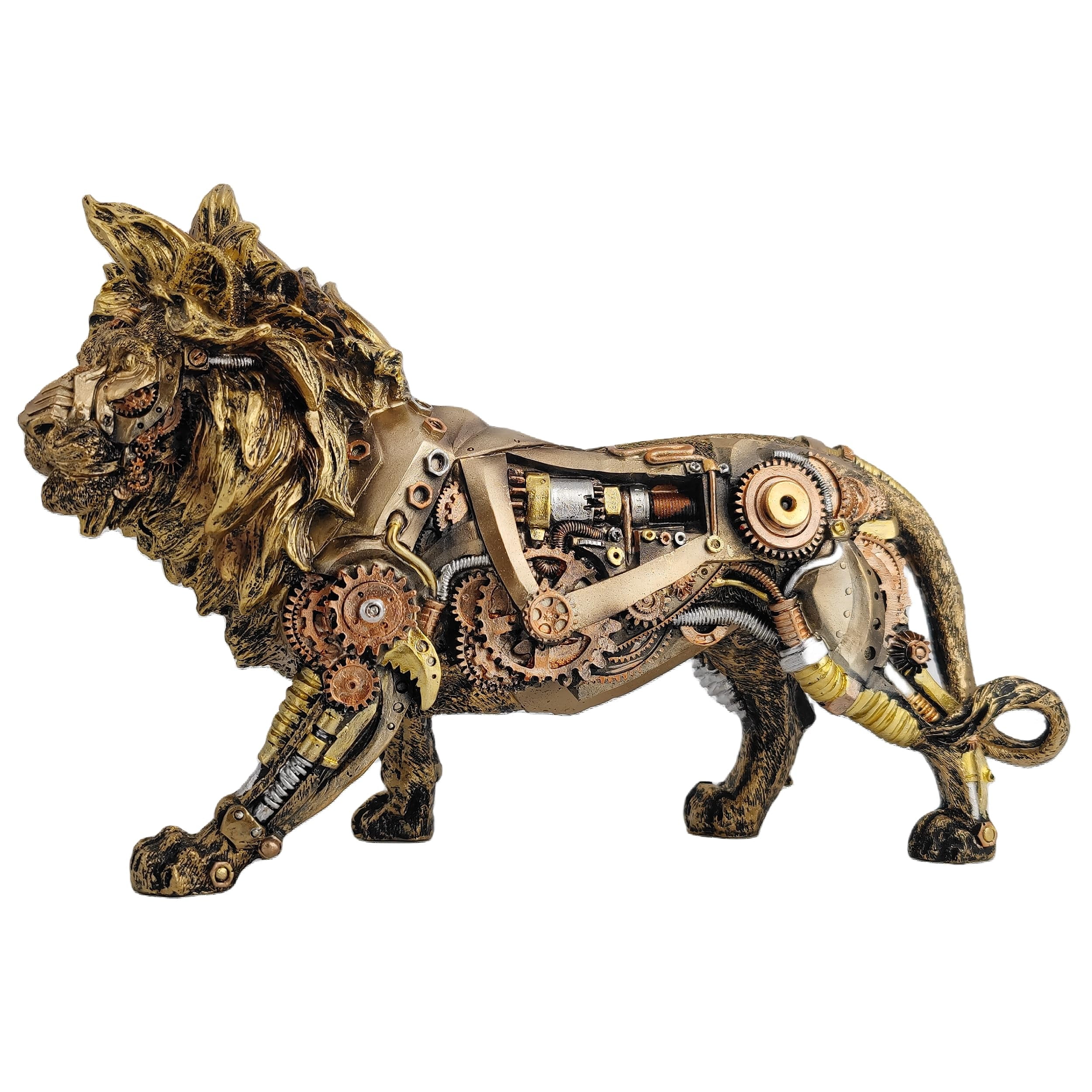 GENUINQ Steampunk Lion Statue Walking Lion Hand Painted Sculpture Resin ...