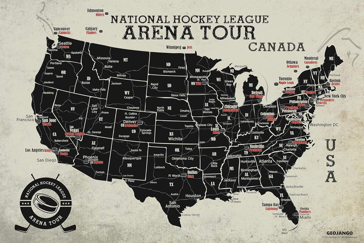 GEOJANGO Hockey Map Poster (36Wx24H) - Walmart.com