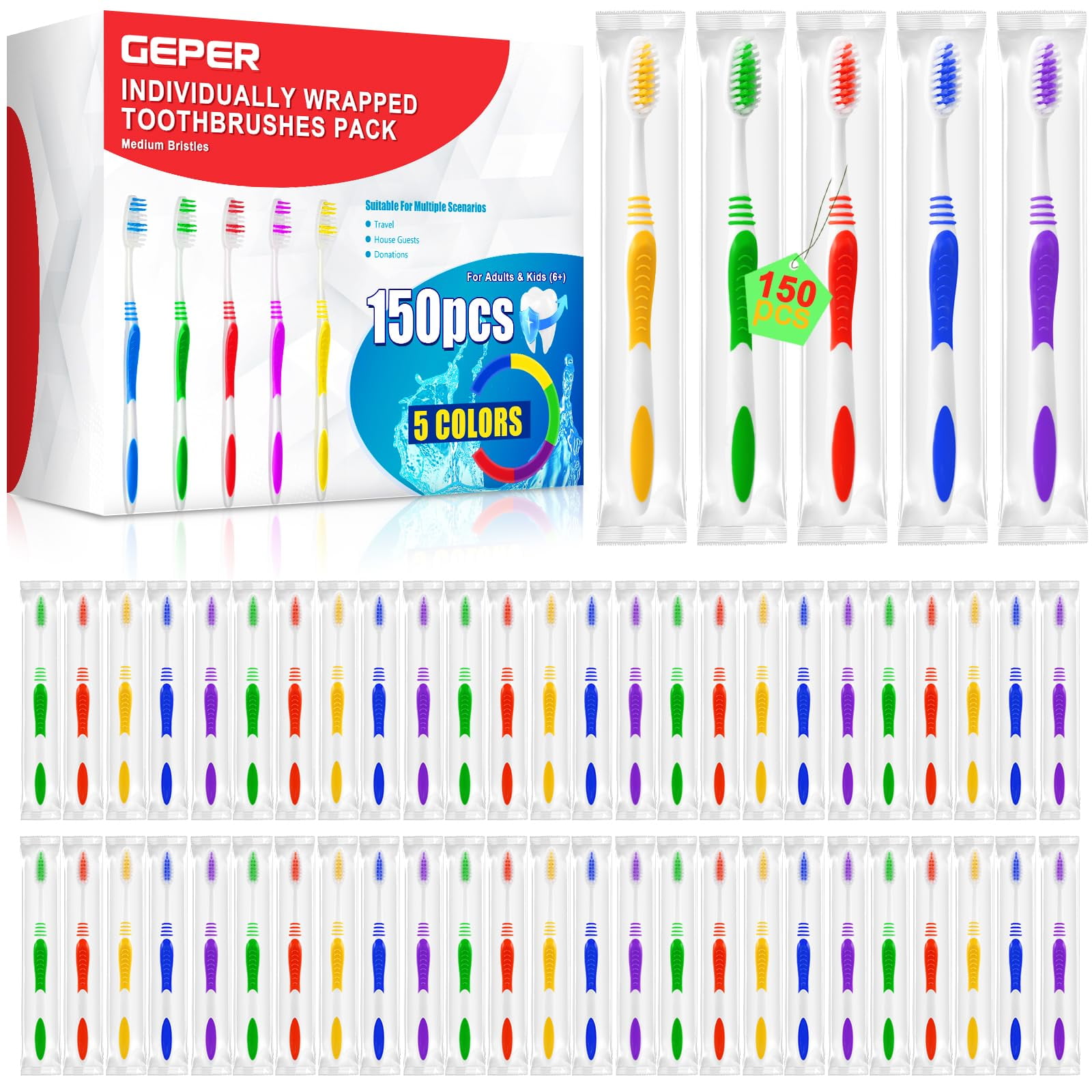 GEPER 150PCS Individually Wrapped TSF6 Toothbrushes Bulk Pack, Soft for ...