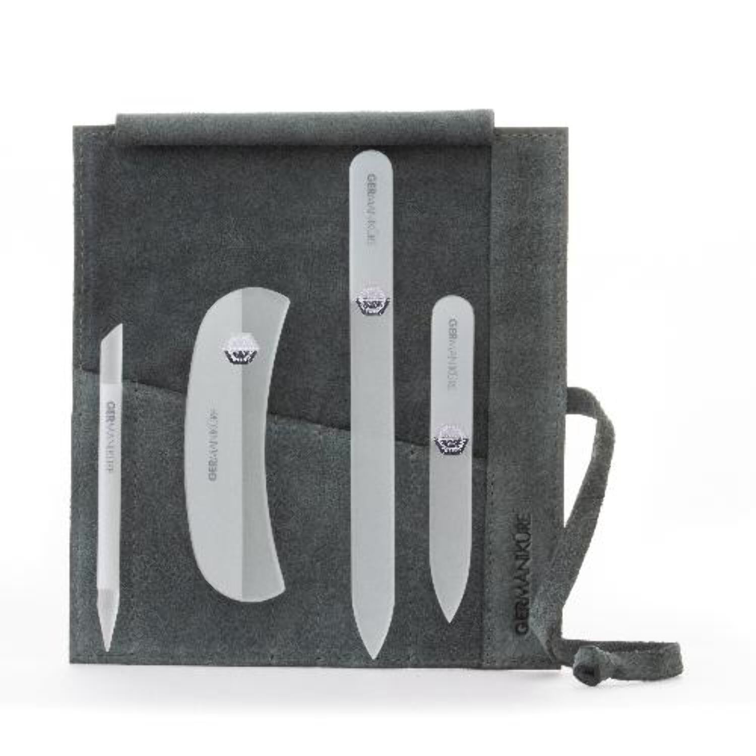 GERMANIKURE Crystal Glass Nail File Set in Light Gray Suede Case ...