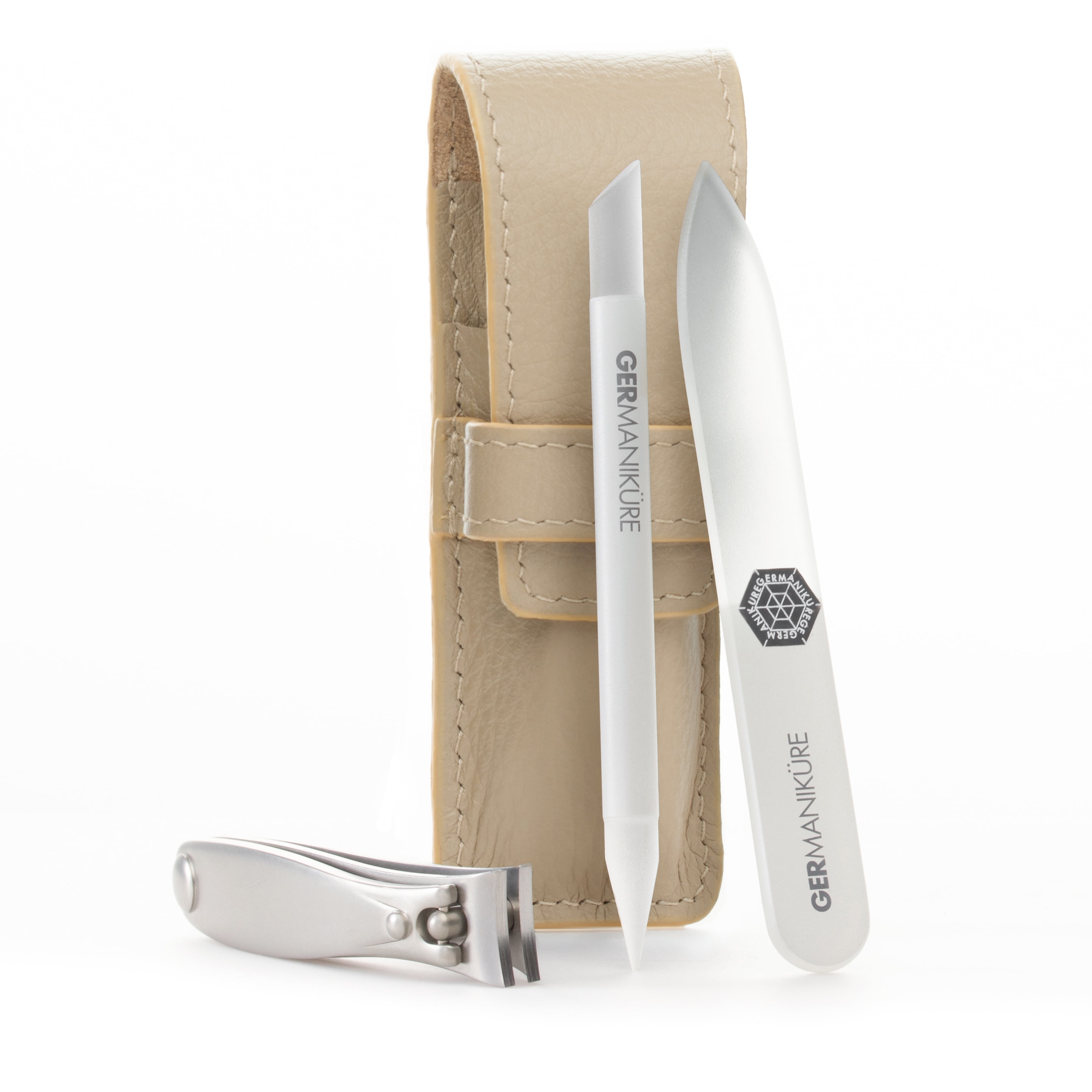 GERMANIKURE Nail clipper, Glass Nail File & Cuticle Remover Manicure Set in Beige Leather Case ...