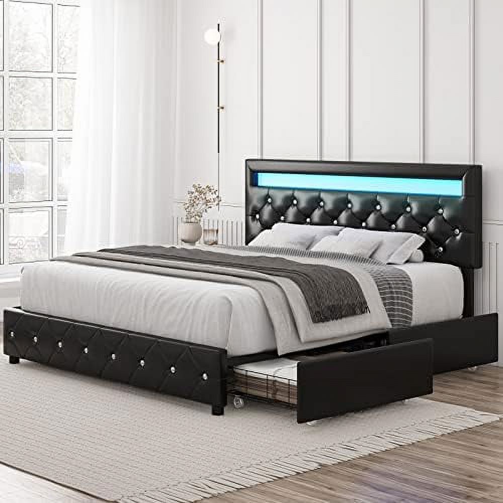 GEROBOOM Full Size Upholstered LED Bed Frame with 4 Drawers and ...