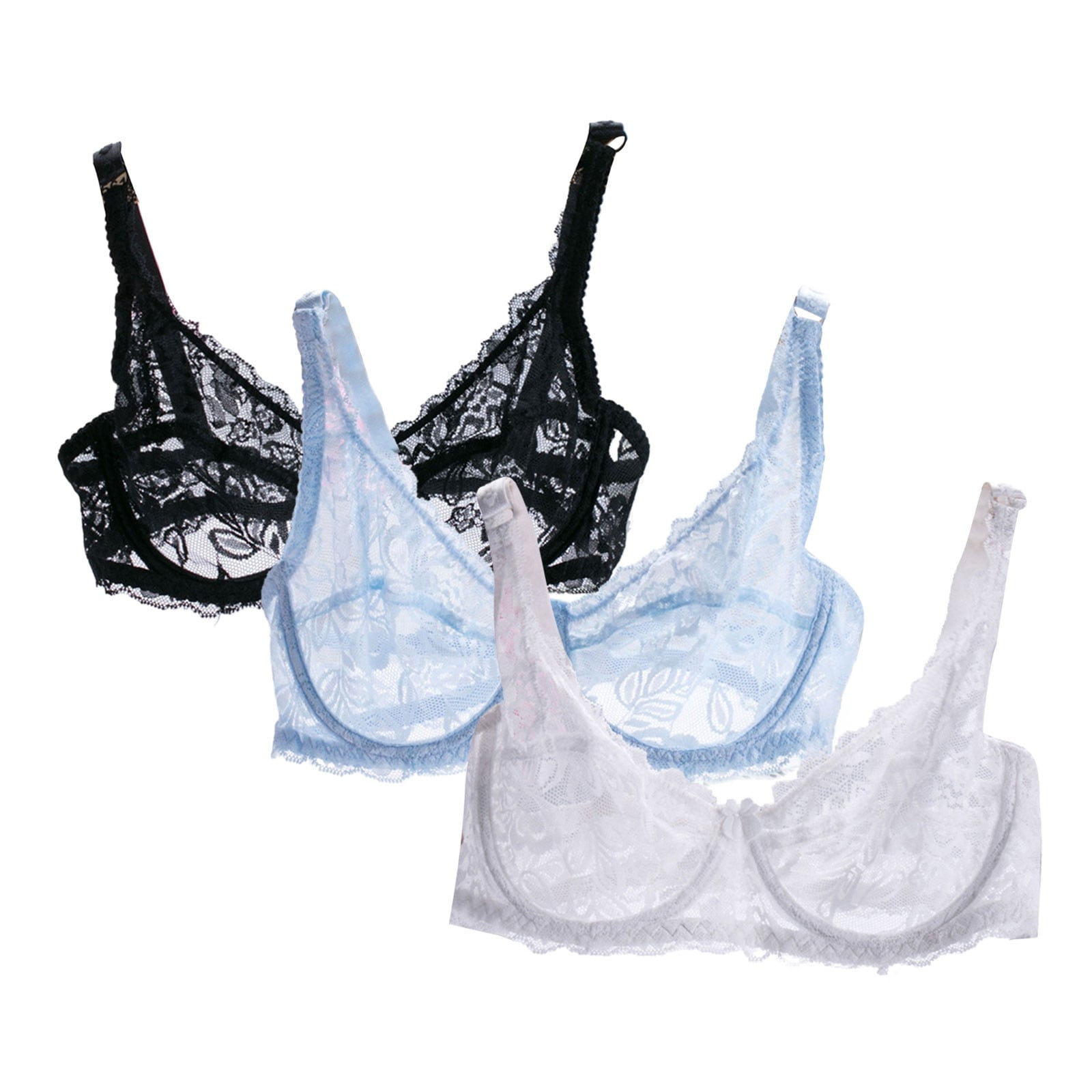 GERsome 3Pcs Women's Lace Sexy Bra See Through Sheer Unlined Plus Size ...