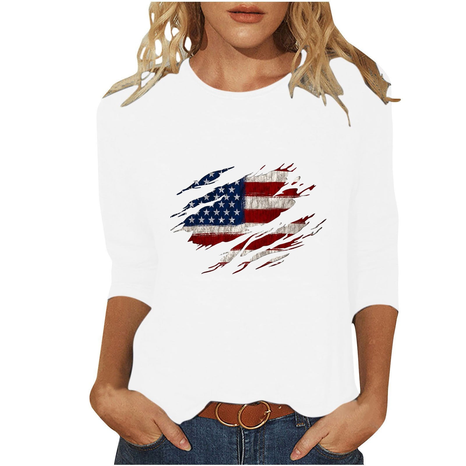 GERsome American Flag T-Shirts for Women 3/4 Sleeve Crew Neck 4th of ...