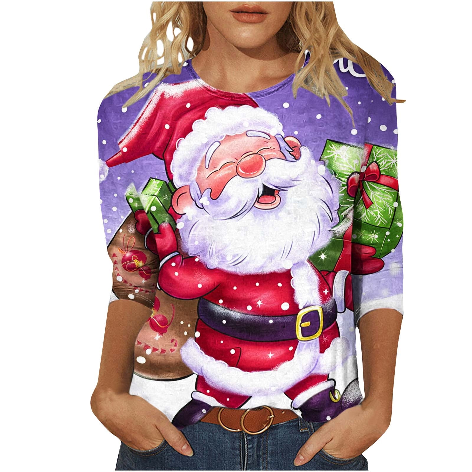 GERsome Christmas Shirts for Women Cute Santa Claus Print Tops Casual 3 ...
