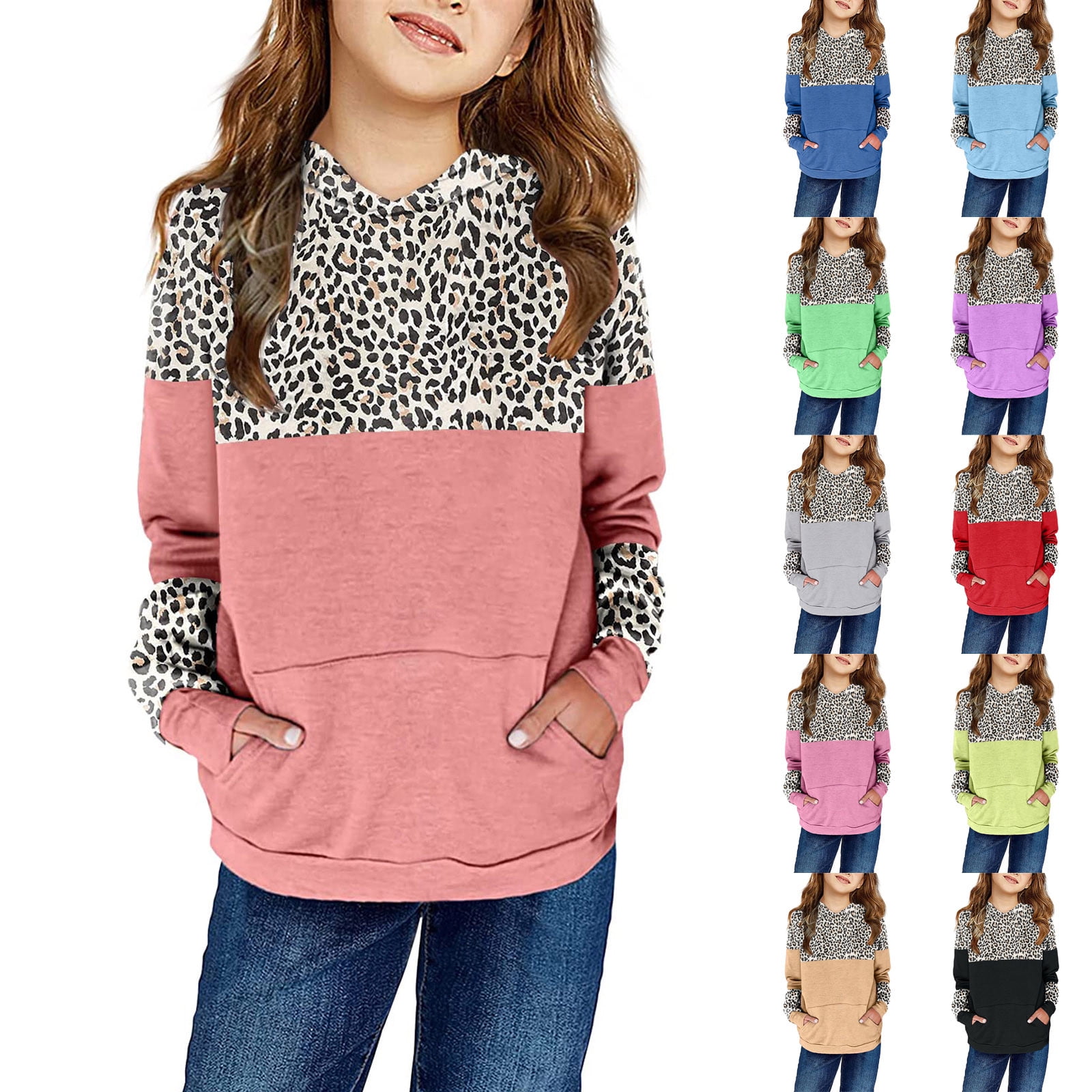 GERsome Hoodies for Boys Girls Leopard Print Color Block Tops Pullover ...