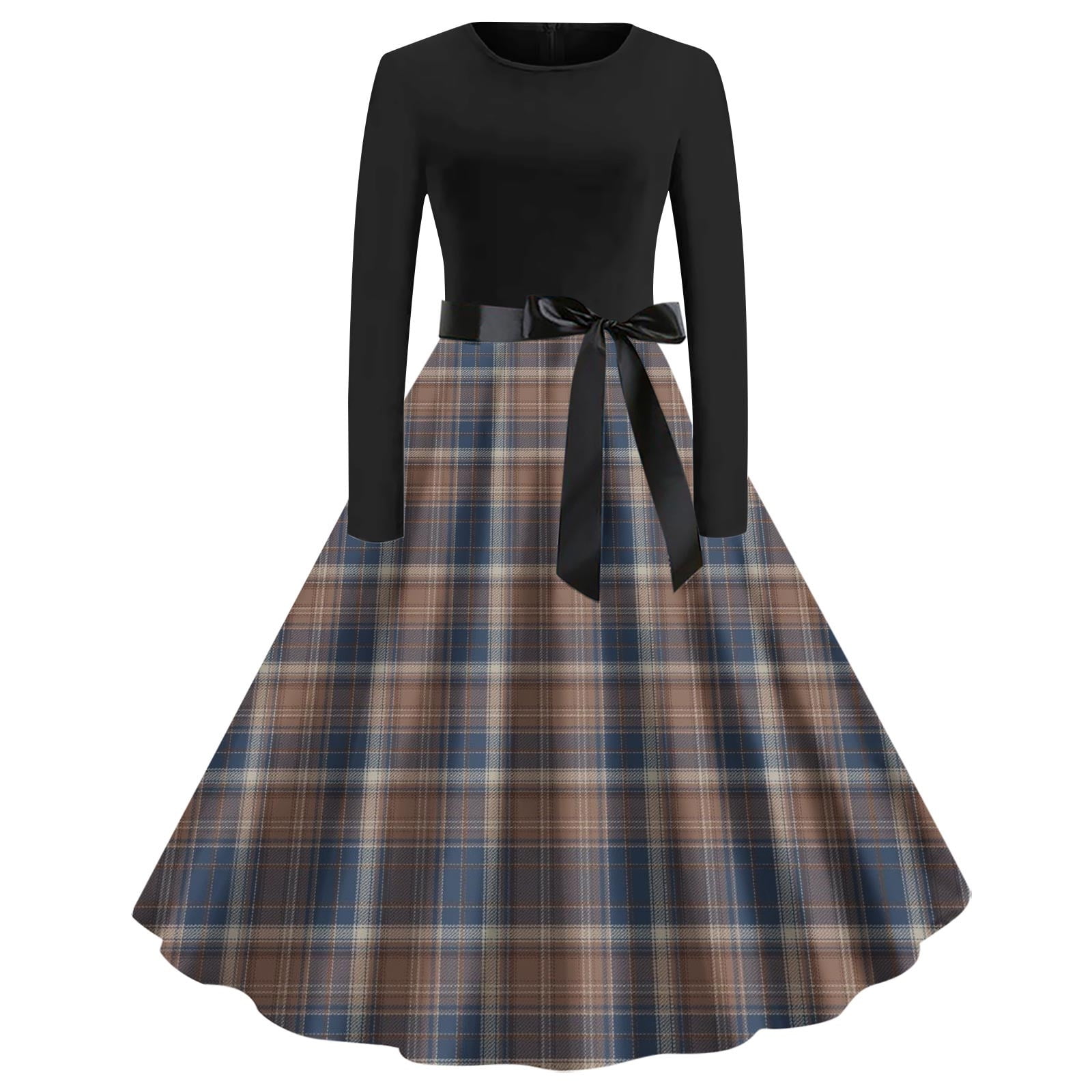 GERsome Women Vintage Dress Classic Plaid Polka Dot Floral Printed Big Hem Dress Cocktail Prom ...