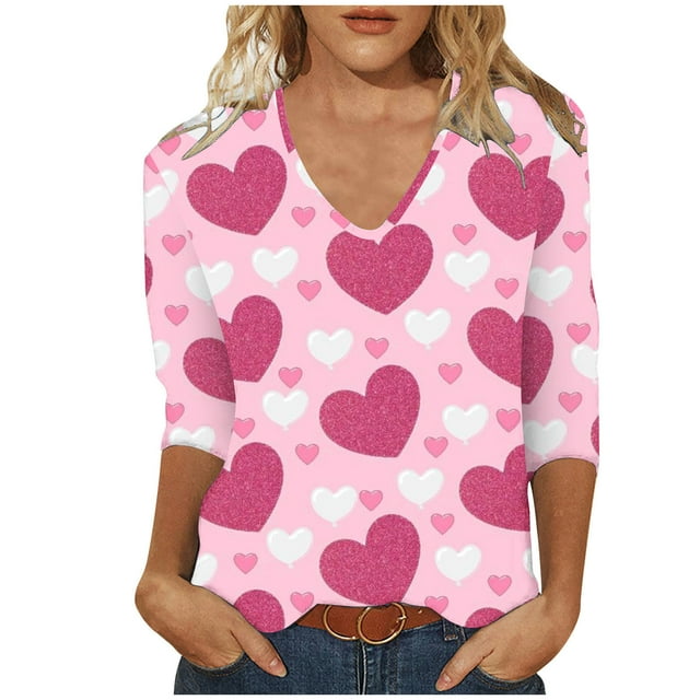 Gersome Womens 3 4 Sleeve Casual Valentines Day V Neck Heart Print