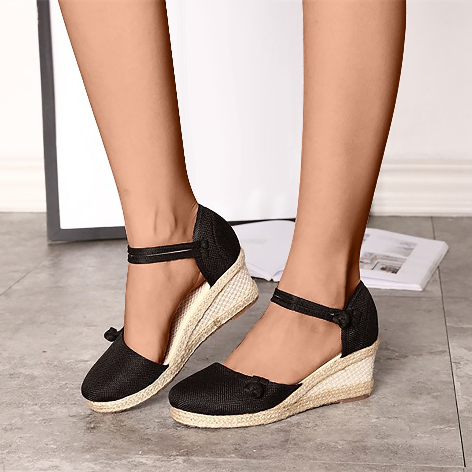 GERsome Women's Espadrille Low Wedge Heel Sandals with Buckle Ankle Strap Close Toe Casual ...