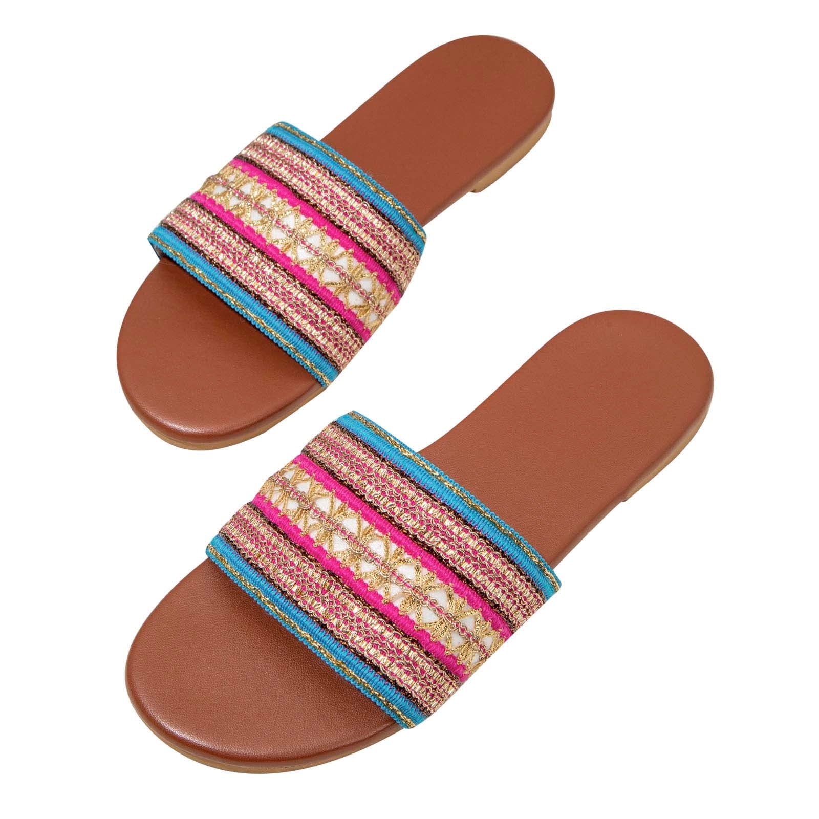 Gersome Womens Ethnic Style Embroidery Flat Slide Sandals Comfort Sandals Summer Shoes