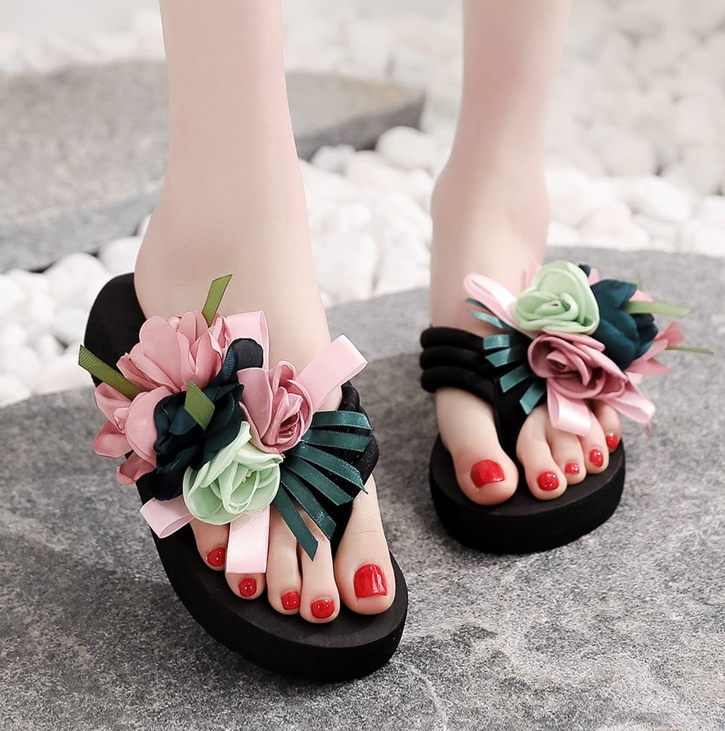 GERsome Women's Lightweight Platform Floral Flip Flop Wedge Sandals ...