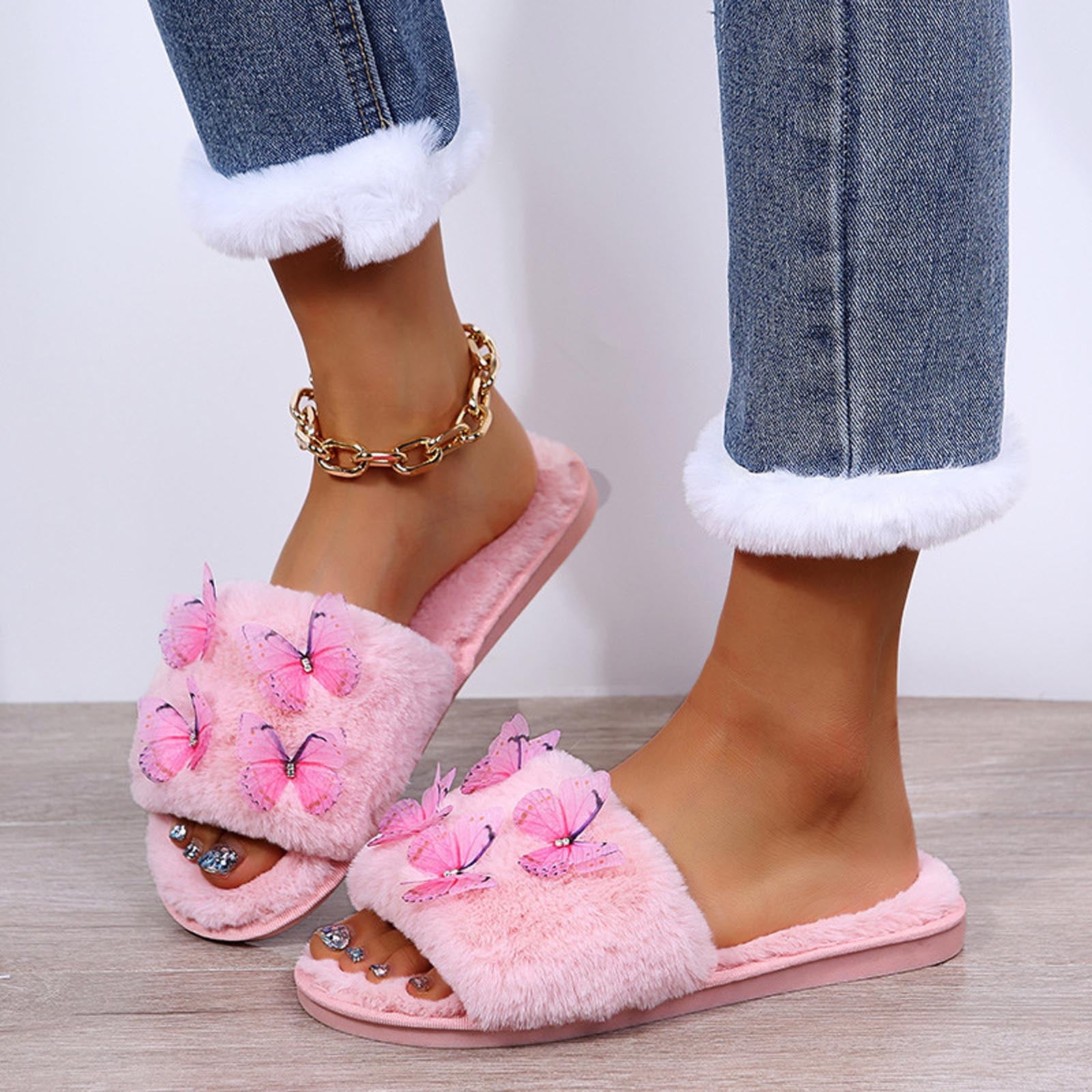 GERsome Women's One Band Fuzzy Slippers Fluffy Open Toe House Slippers Cozy Plush Bedroom Shoes ...