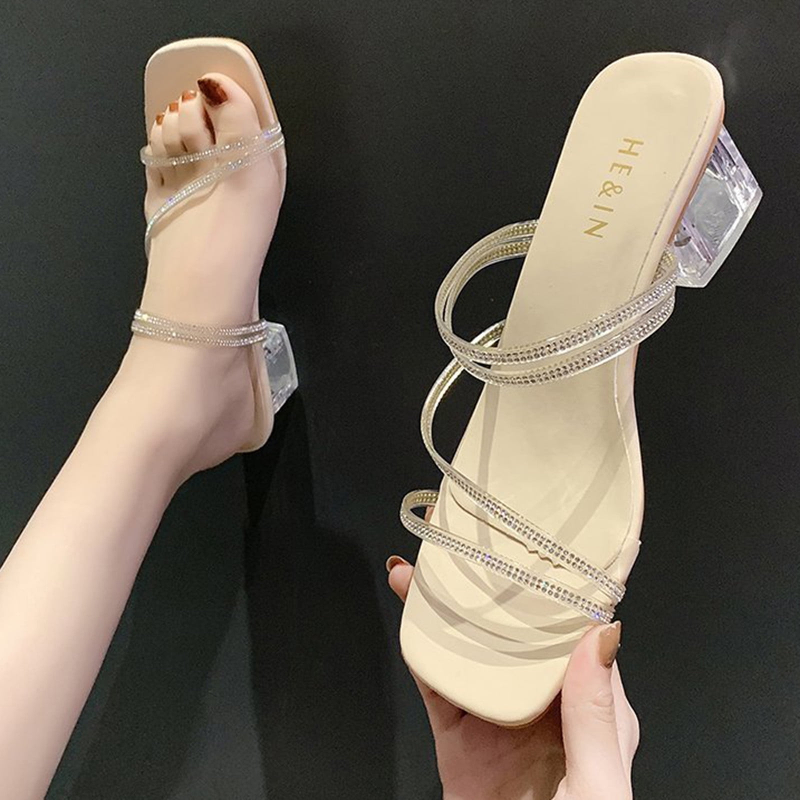 GERsome Women's Rhinestone Open Square Toe Slide On Chunky Heels ...