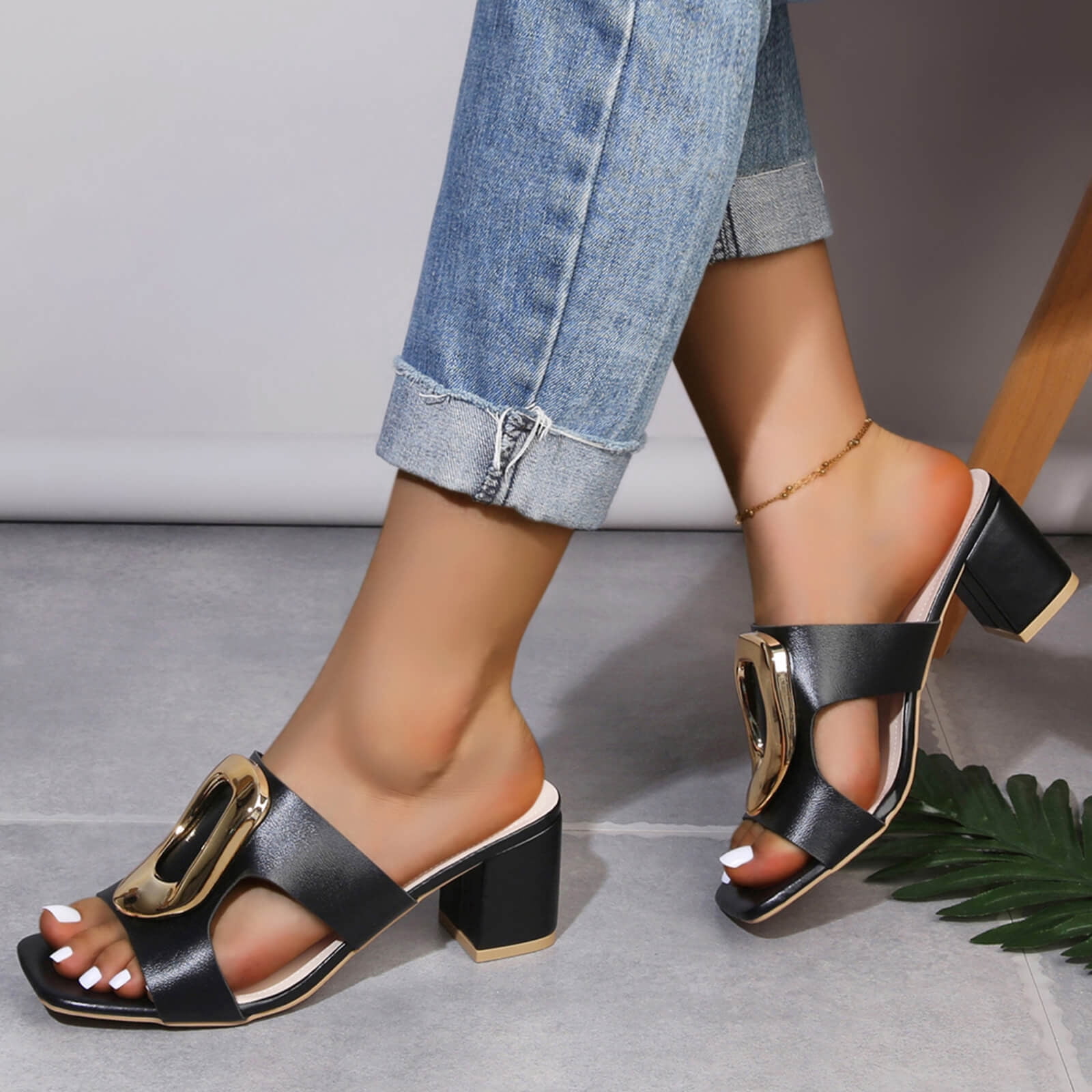GERsome Women's Sandals Chunky Block Heels Square Open Toe Slip-On ...