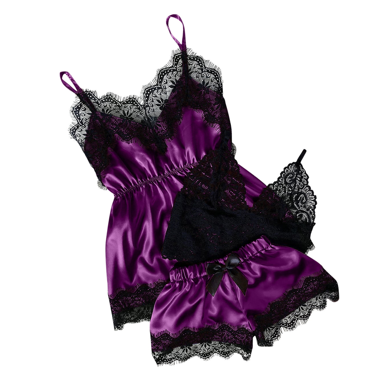 GERsome Women's Satin Lace Sleepwear Cami Top and Shorts Pajama 3PCS ...