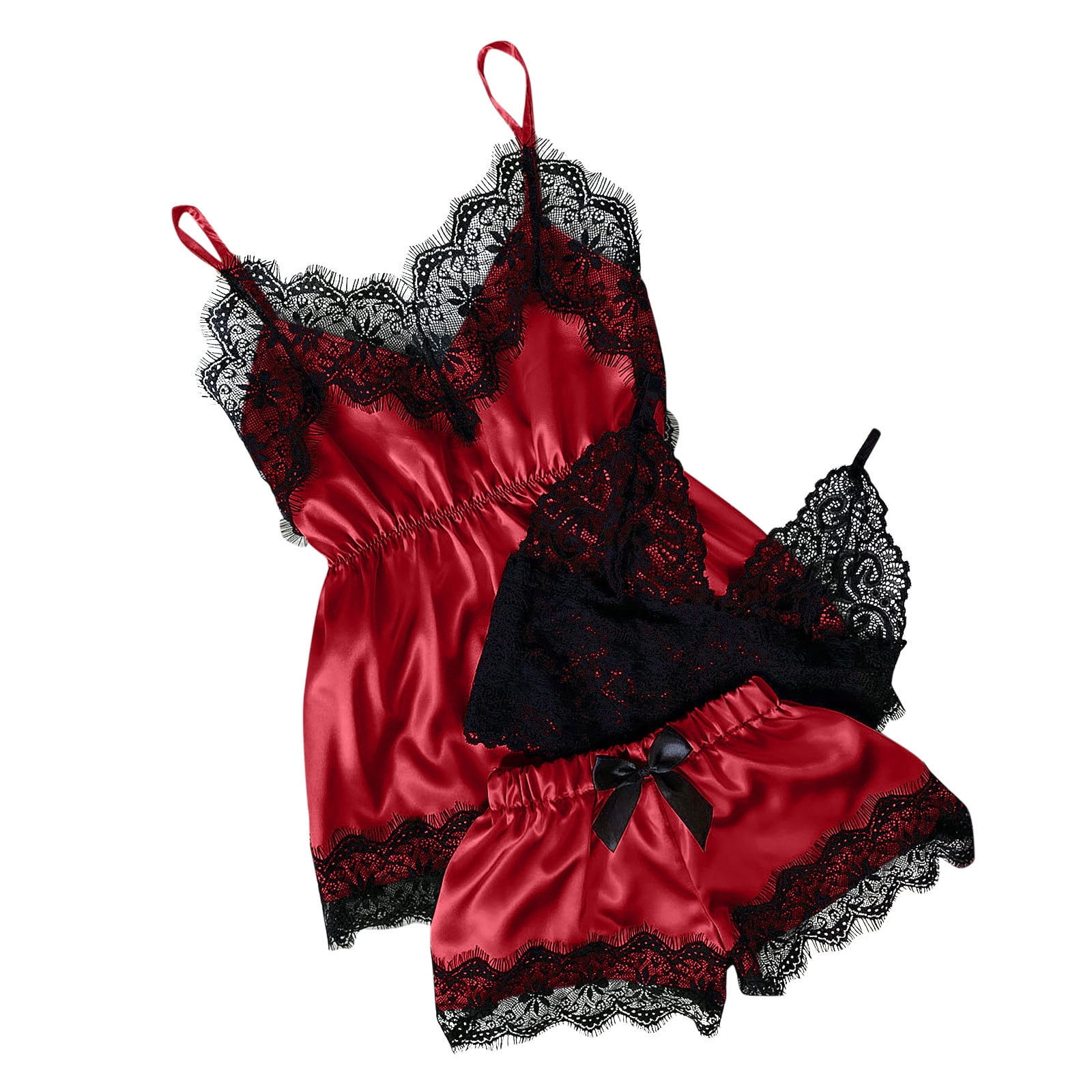 GERsome Women's Satin Lace Sleepwear Cami Top and Shorts Pajama 3PCS ...