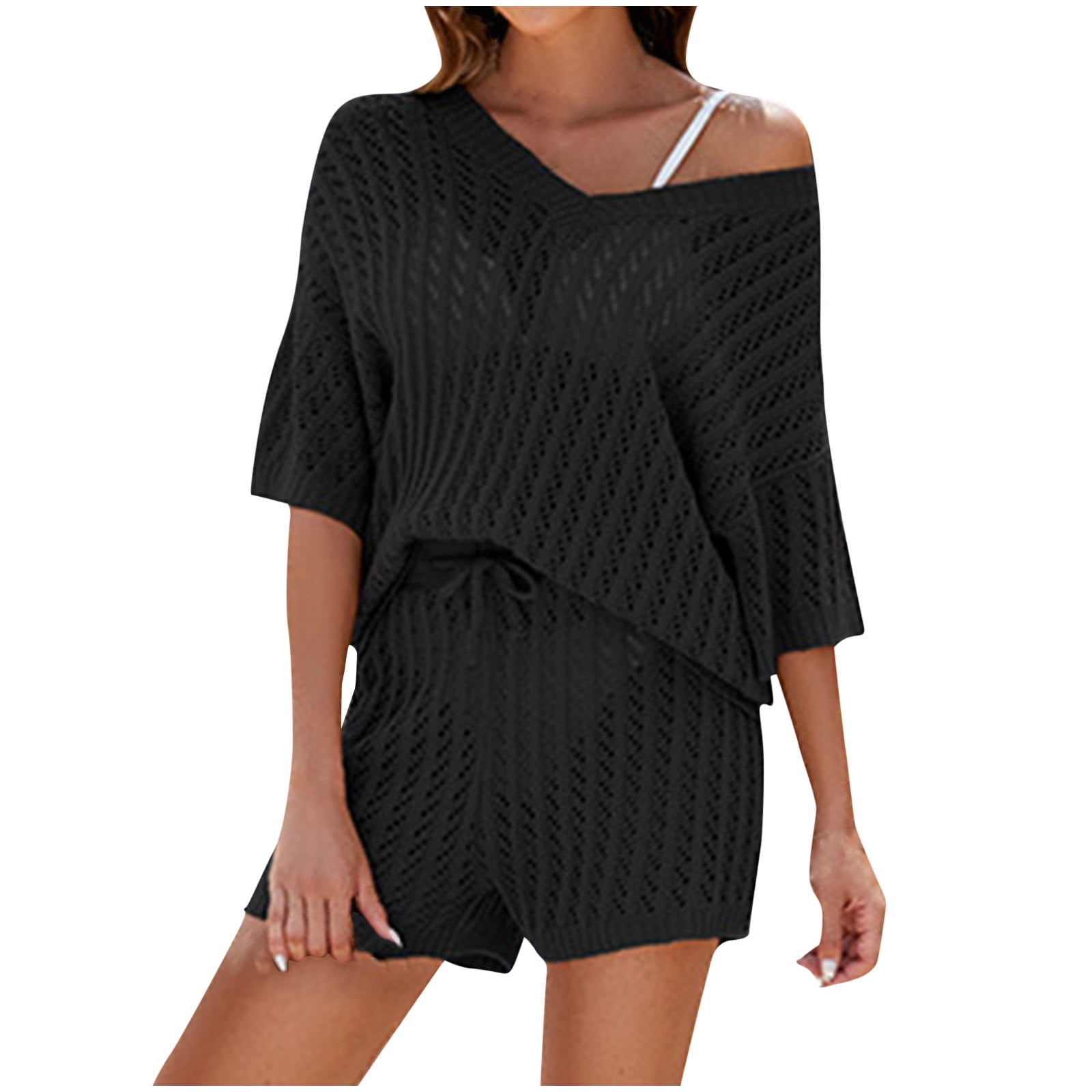 GERsome Women's Summer 2 Piece Tracksuit Hollow Out Crochet Knitted ...