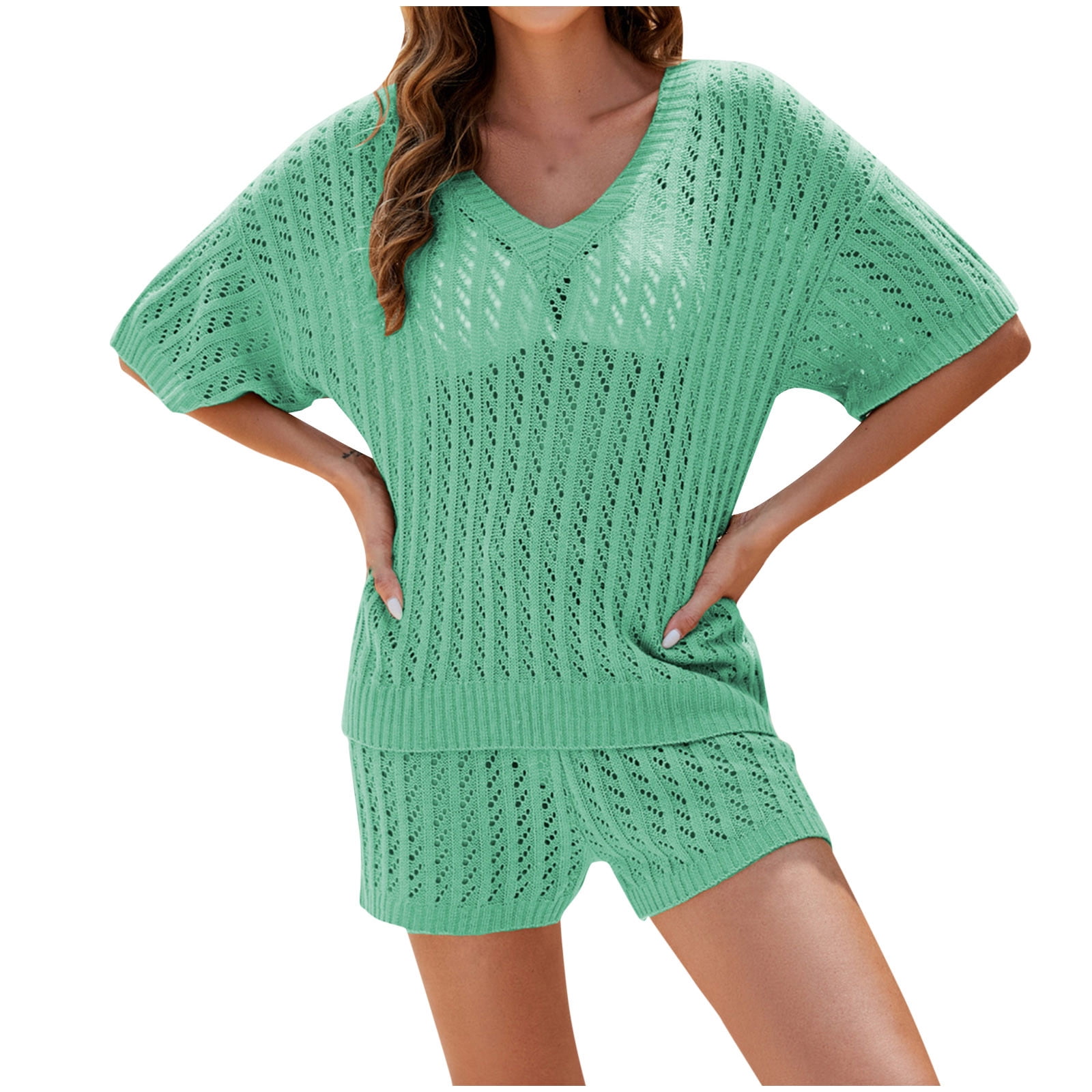 GERsome Women's Summer 2 Piece Tracksuit Hollow Out Crochet Knitted ...