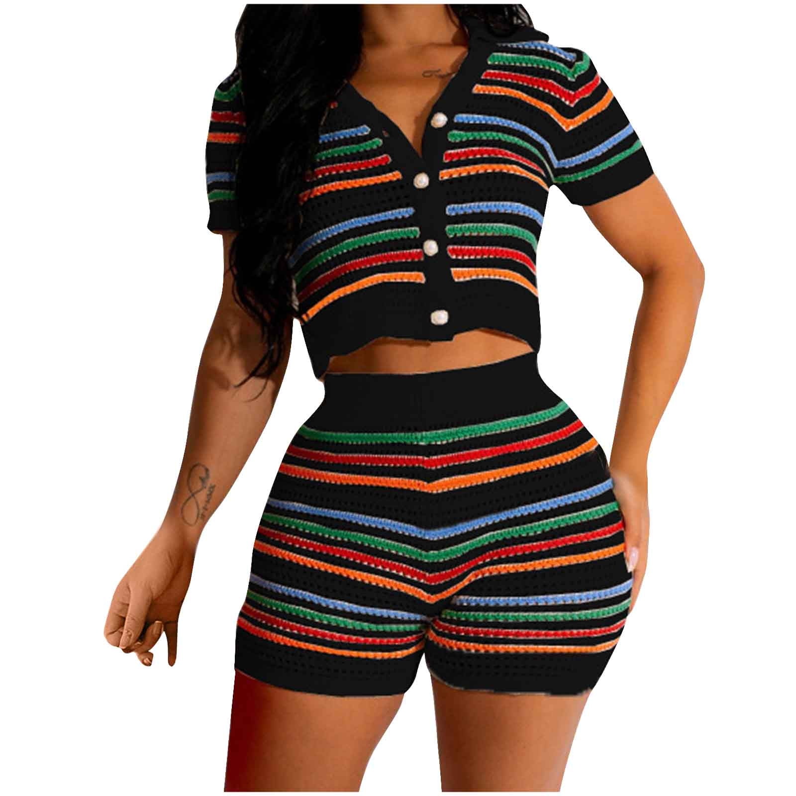GERsome Womens 2 Piece Sets Summer Lounge Outfits Crochet Button Down ...