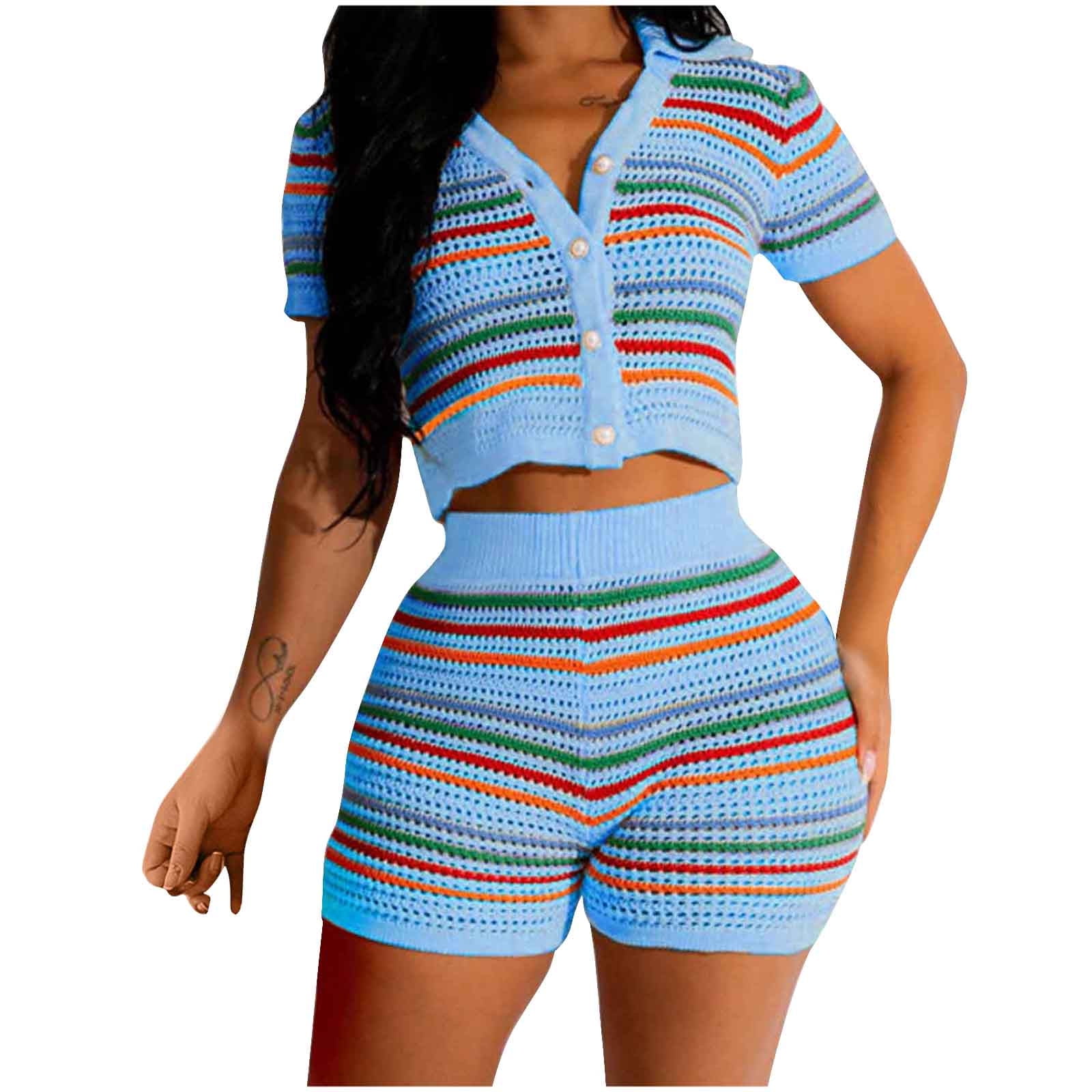 GERsome Womens 2 Piece Sets Summer Lounge Outfits Crochet Button Down ...