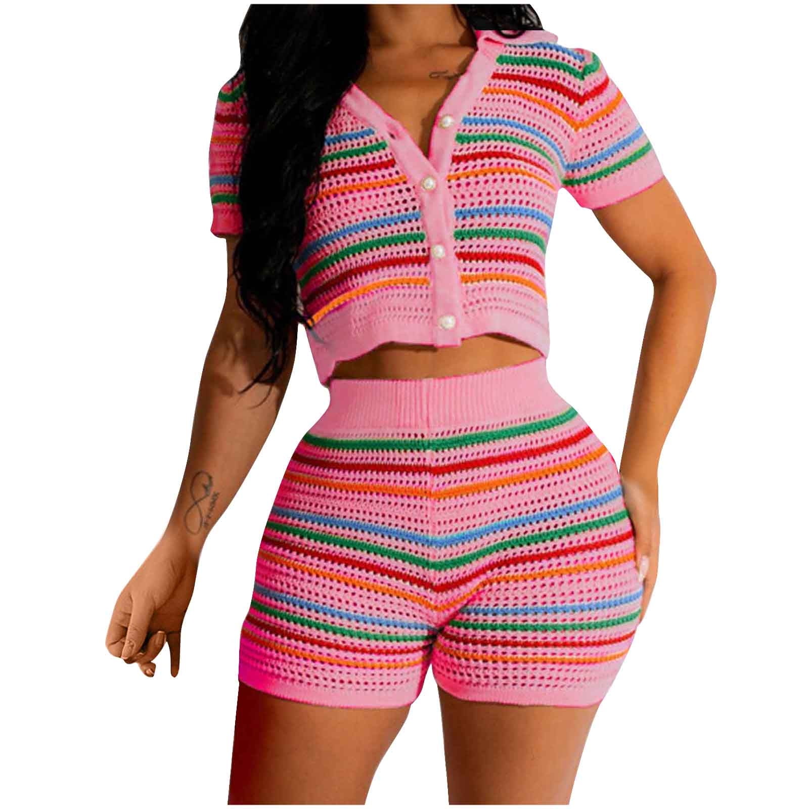 GERsome Womens 2 Piece Sets Summer Lounge Outfits Crochet Button Down ...