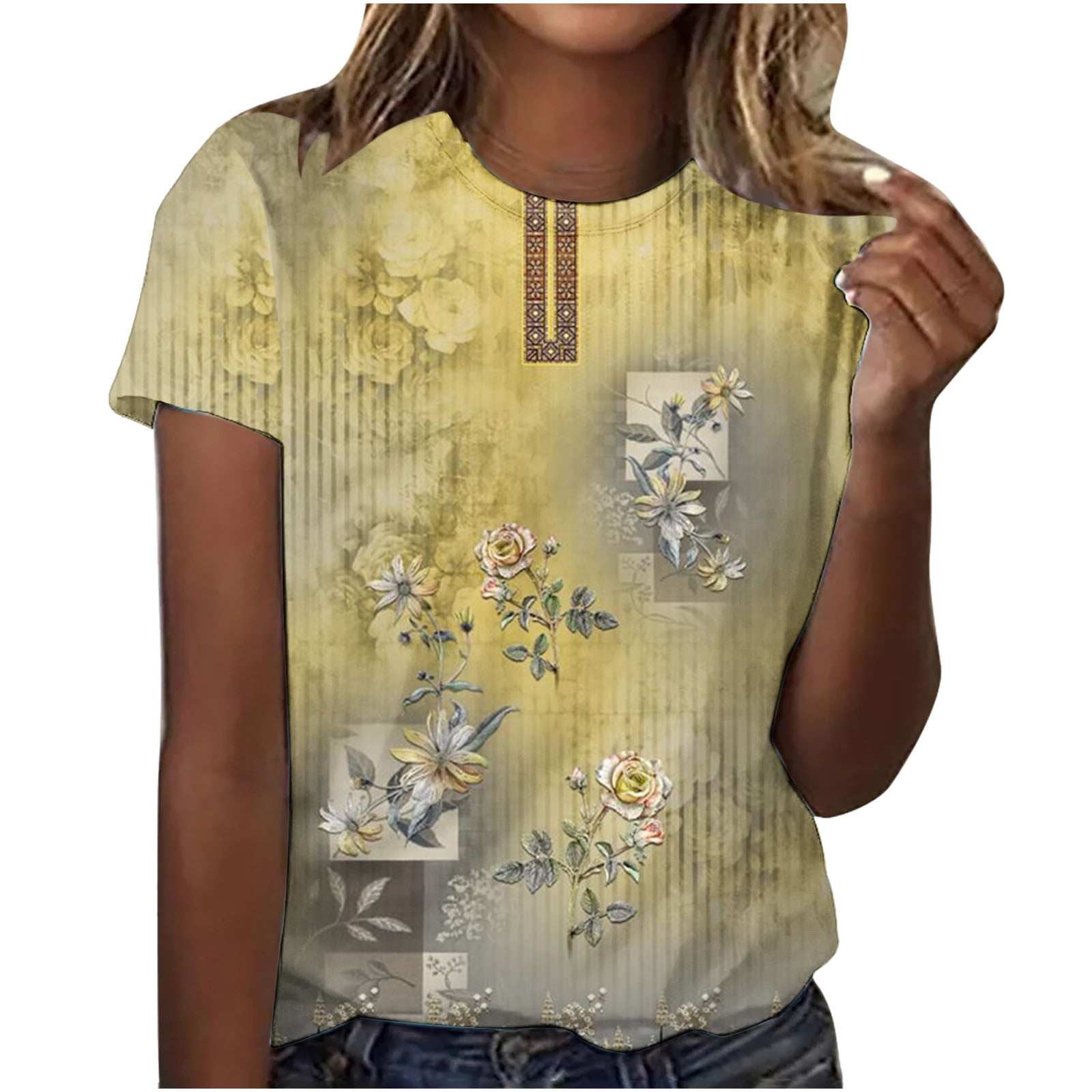 GERsome Womens Flower Graphic Tees Casual Summer Short Sleeve Shirt ...