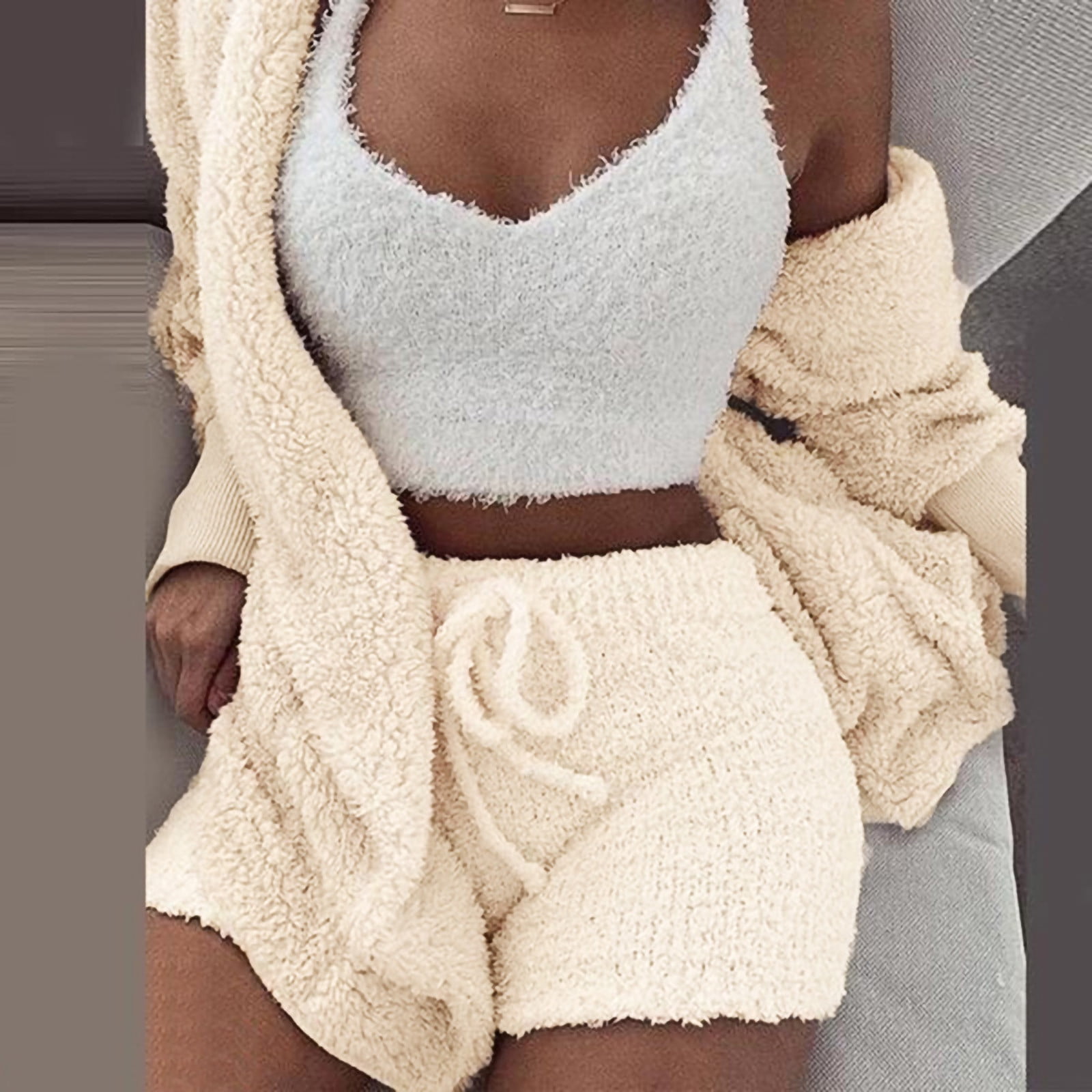 GERsome Womens Sexy Fuzzy 3 Piece Outfits Fleece Warm Hooded Cardigan ...