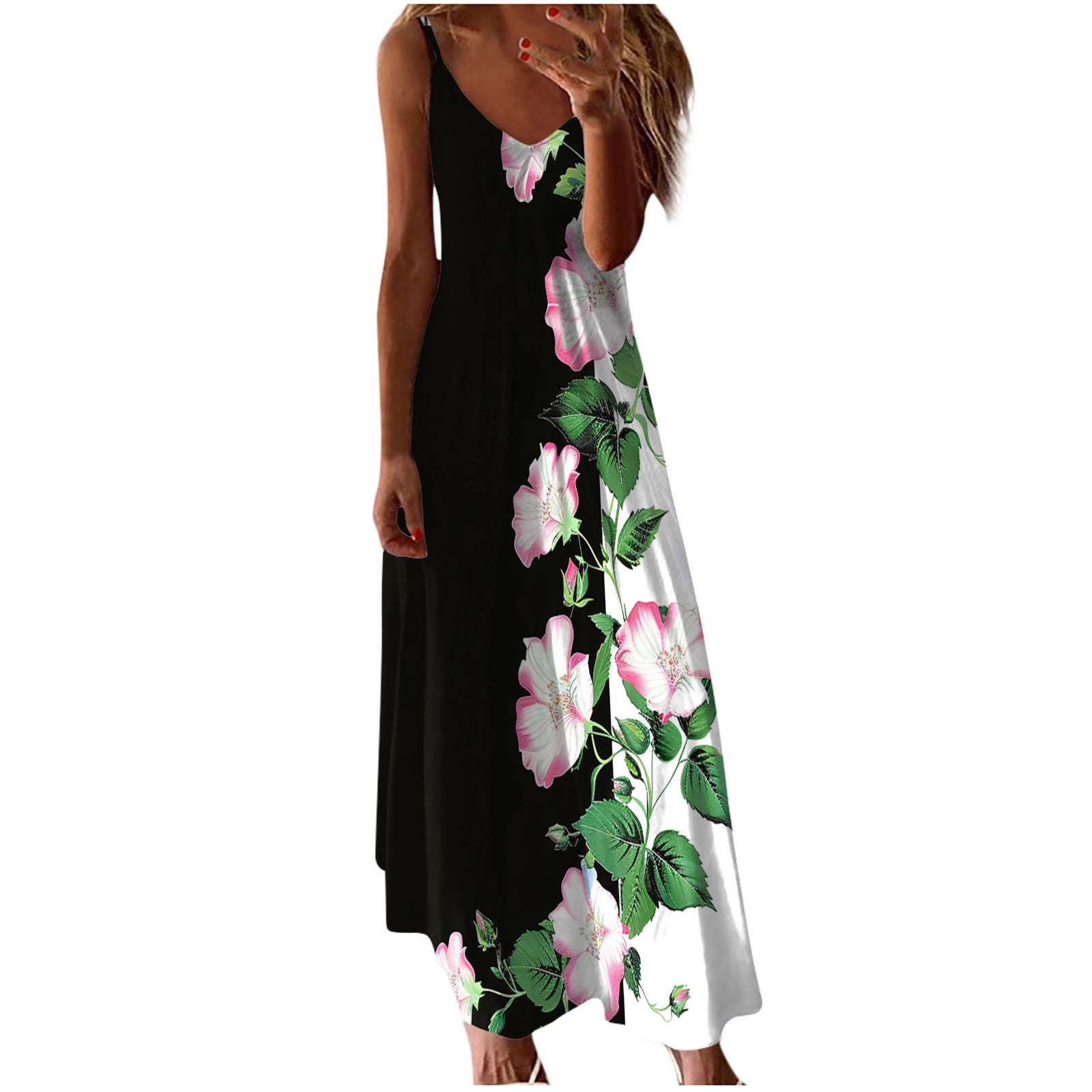 GERsome Womens Sleeveless Dress V-Neck Floral Print Bohemian Spaghetti ...