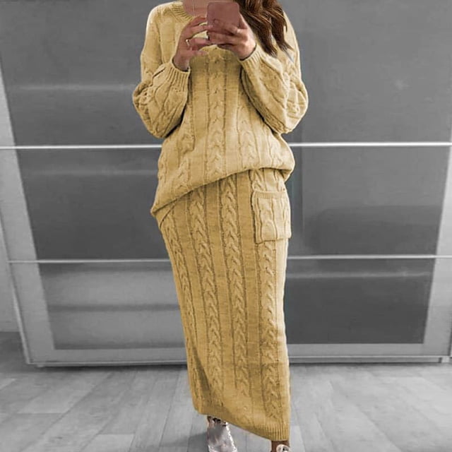 GERsome Women Casual Chunky Cable Knit Long Pencil Skirt 2 Piece Outfit ...