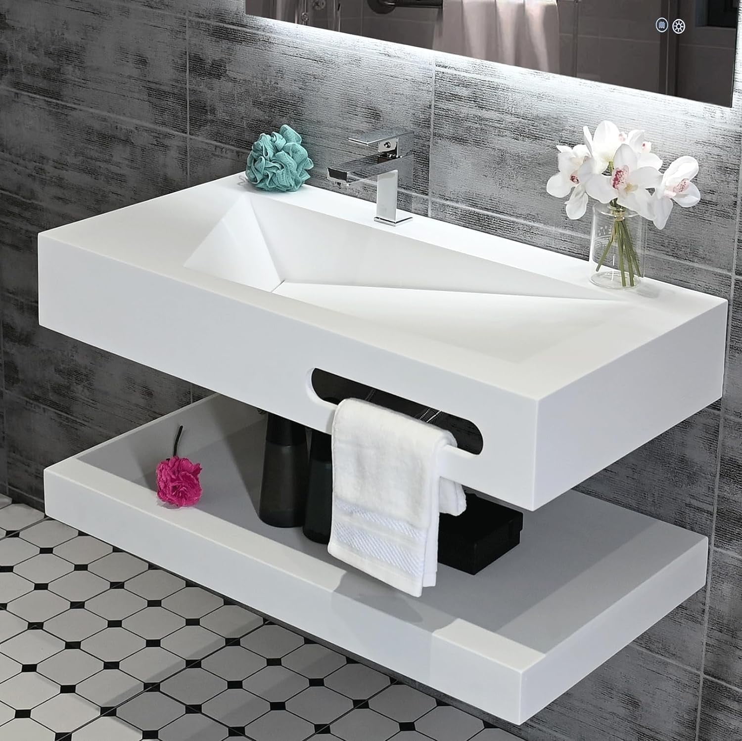 GGISHA 32"x19" Wall Mount Bathroom Vanity with Sink Stone Resin Floating Vanity Sink Rectangular ...