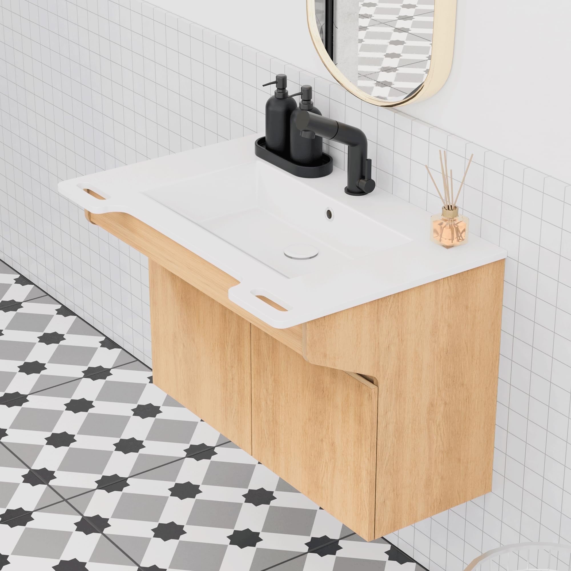 GGISHA Floating Bathroom Vanity with Sink,Wall-Mount Stone Resin,Wood ...