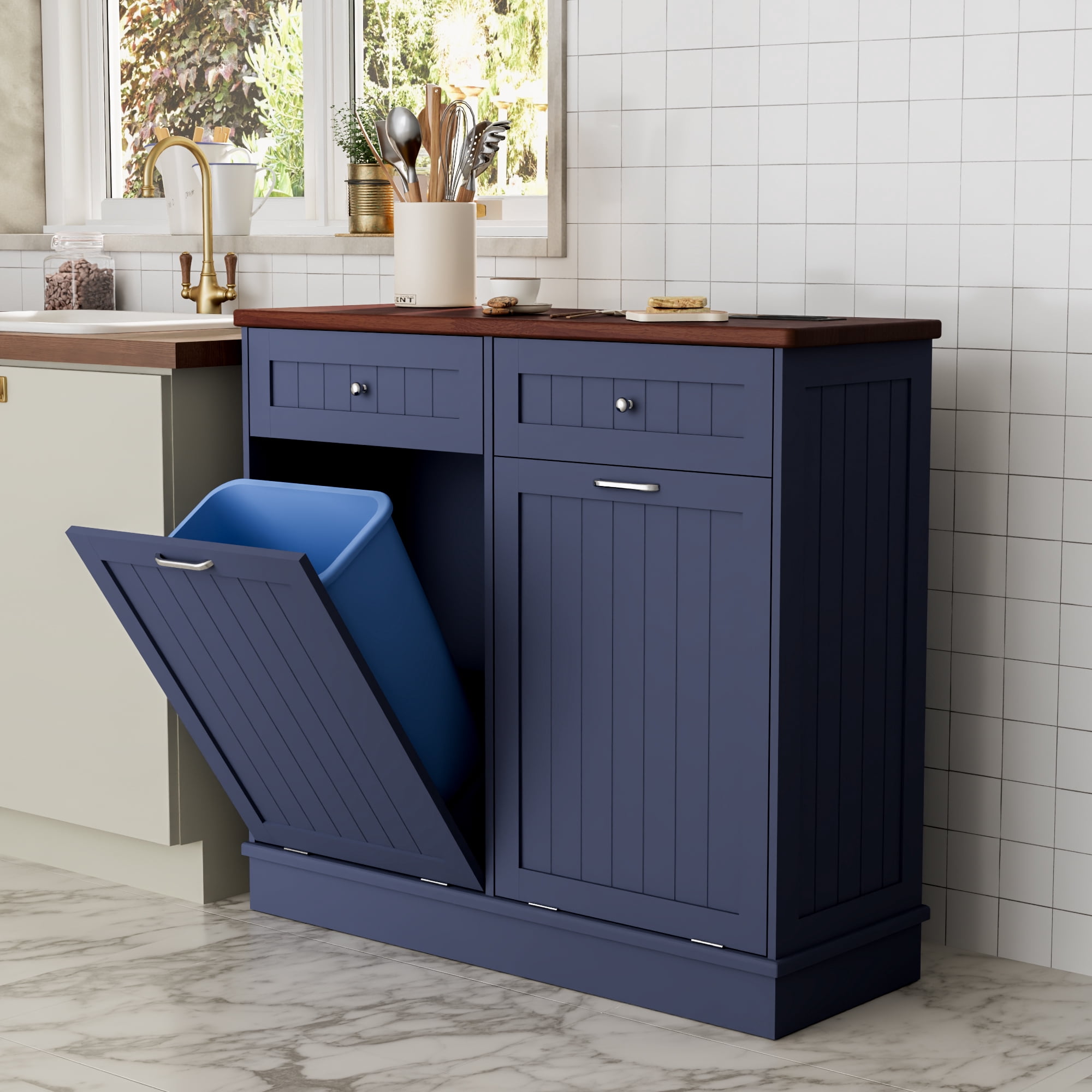 GETYES Double Tilt Out Trash Cabinet, Wooden Free Standing Recycling ...