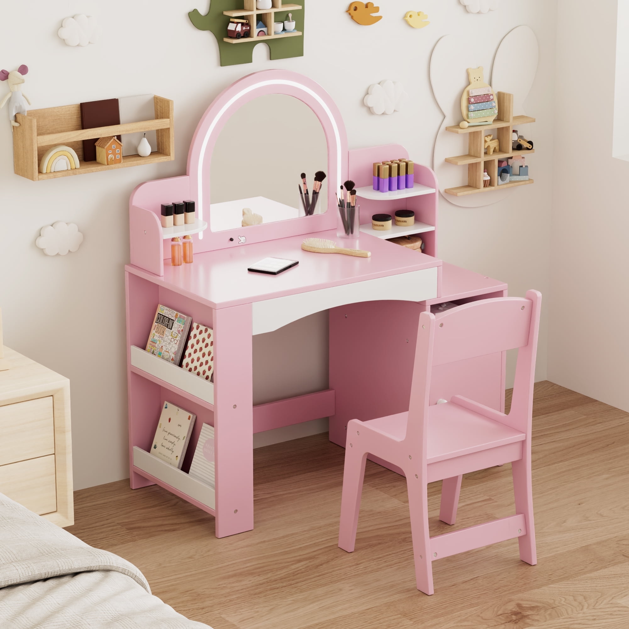 GETYES Kids Vanity with Lighted Mirror, Princess Makeup Desk and Chair ...