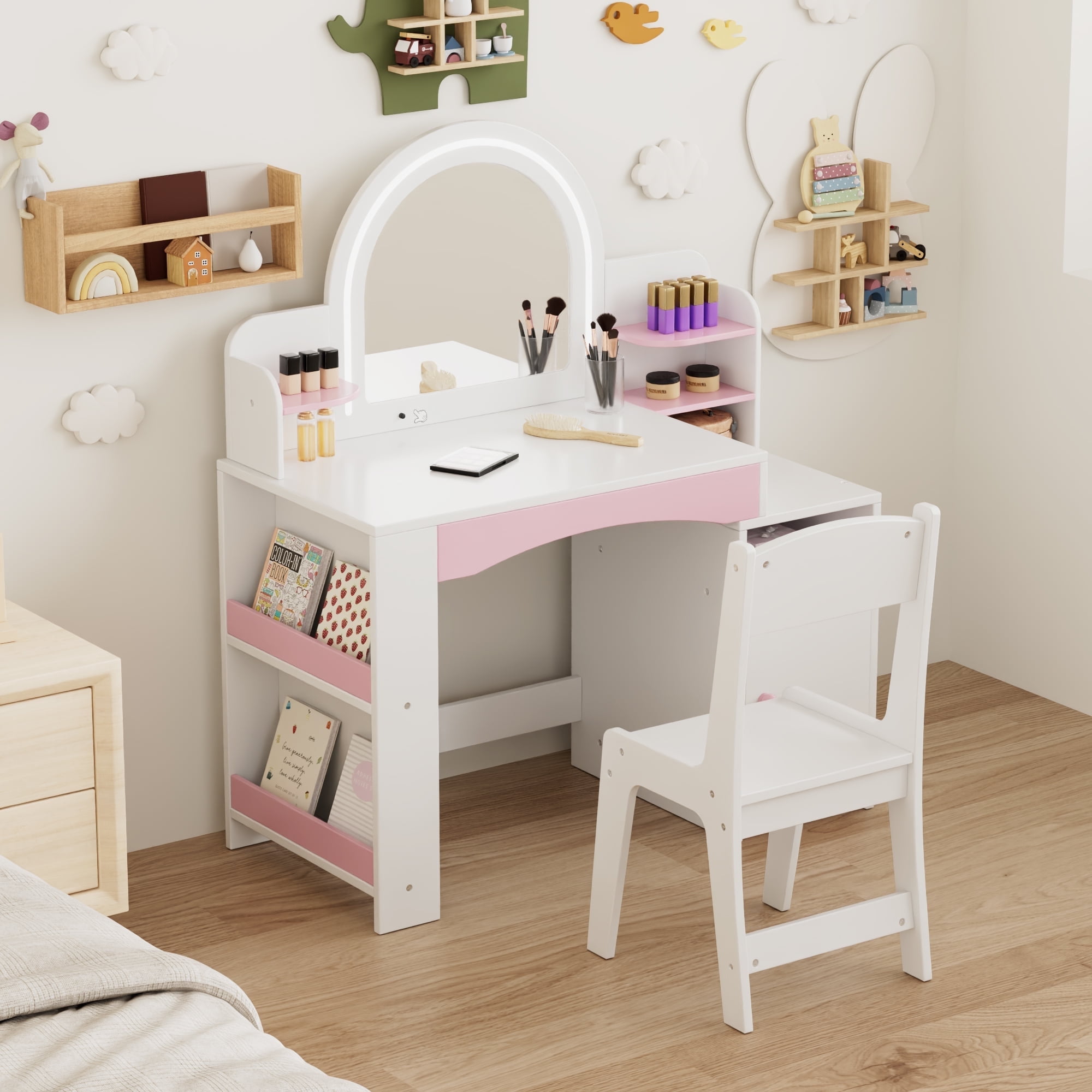 GETYES Kids Vanity with Lighted Mirror, Toddler Makeup Vanity Table Set ...