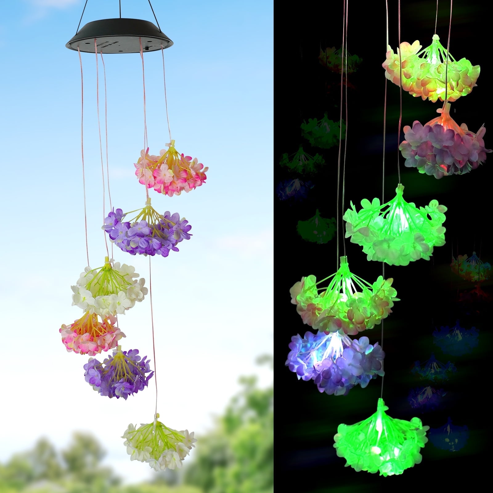 GEVSYUE Solar Hydrangea Wind Chimes, LED Color-Changing Hanging Solar ...