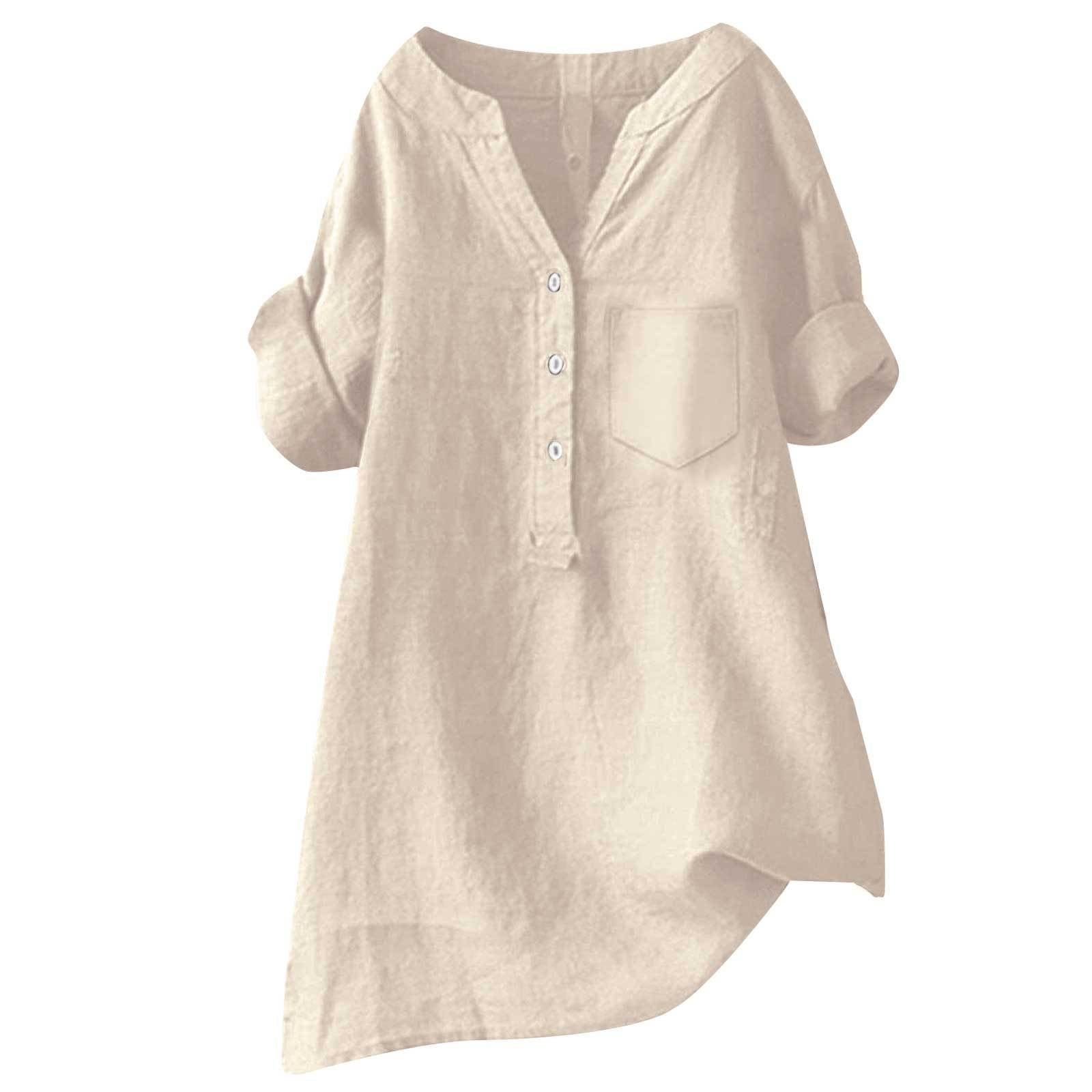 GEWSEY 2025 Summer Linen Tops for Women Trendy Roll Up Short Sleeve ...