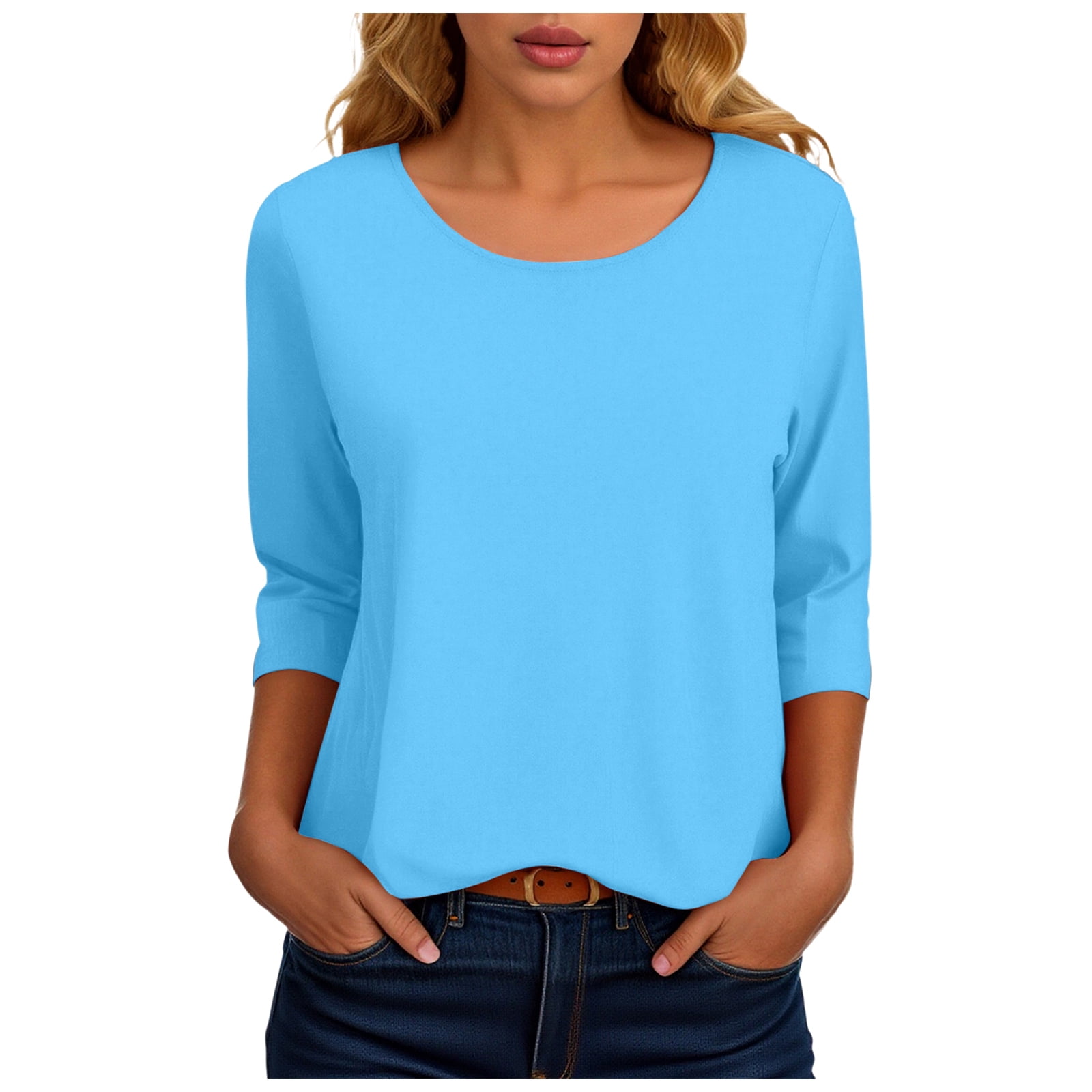 GEWSEY 3/4 Length Sleeve Womens Tops Casual Loose Fit Crewneck T Shirts ...