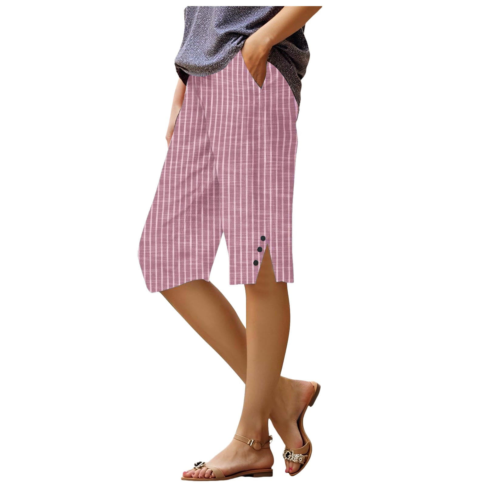 GEWSEY Bermuda 3/4 Pants Shorts for Women Botton Trim Wide Leg Linen ...