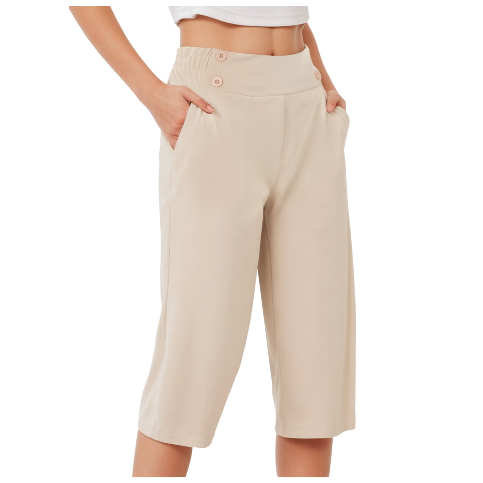 GEWSEY Casual Pants for Women Wide Leg Capri Pants with Pockets Tummy ...