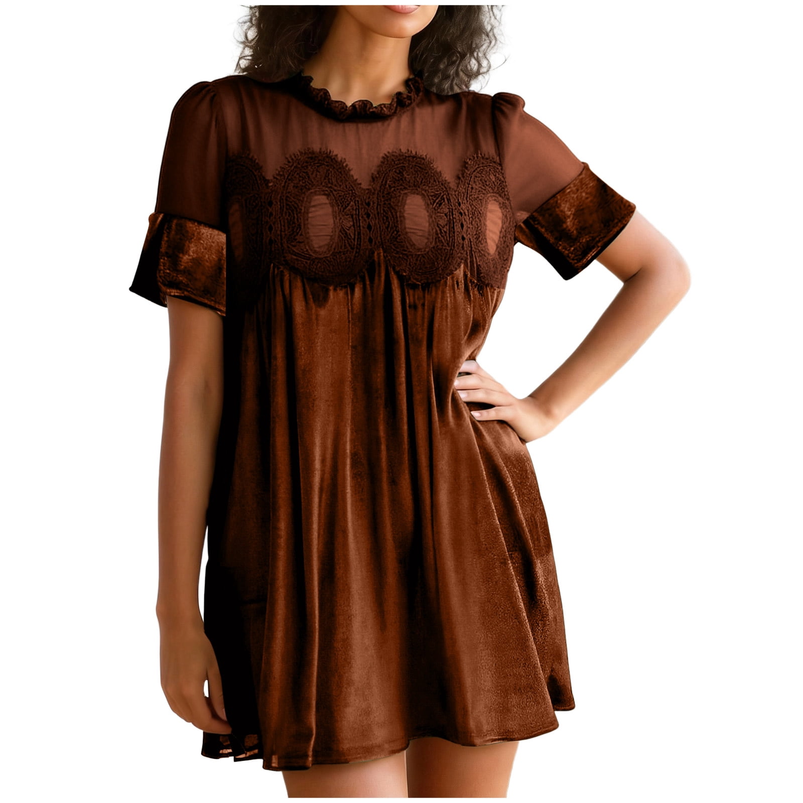 GEWSEY Lace Crochet Mini Dress for Women Short Sleeve Ruffle Loose Crew ...