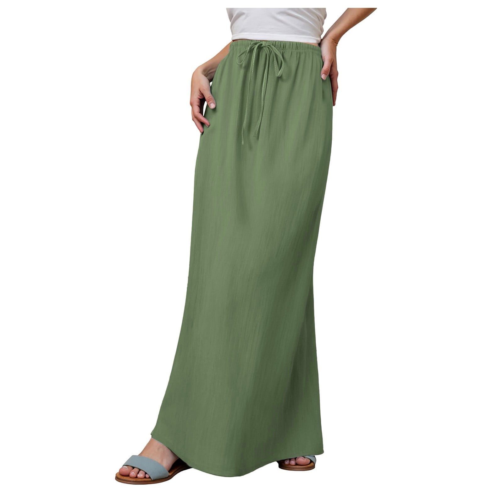 GEWSEY Linen Maxi Skirts for Women Trendy Summer Comfy Drawstring Waist A Line Dresses Cute ...