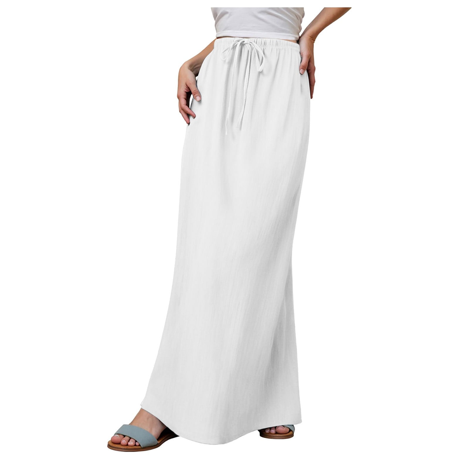 GEWSEY Linen Maxi Skirts for Women Trendy Summer Comfy Drawstring Waist ...