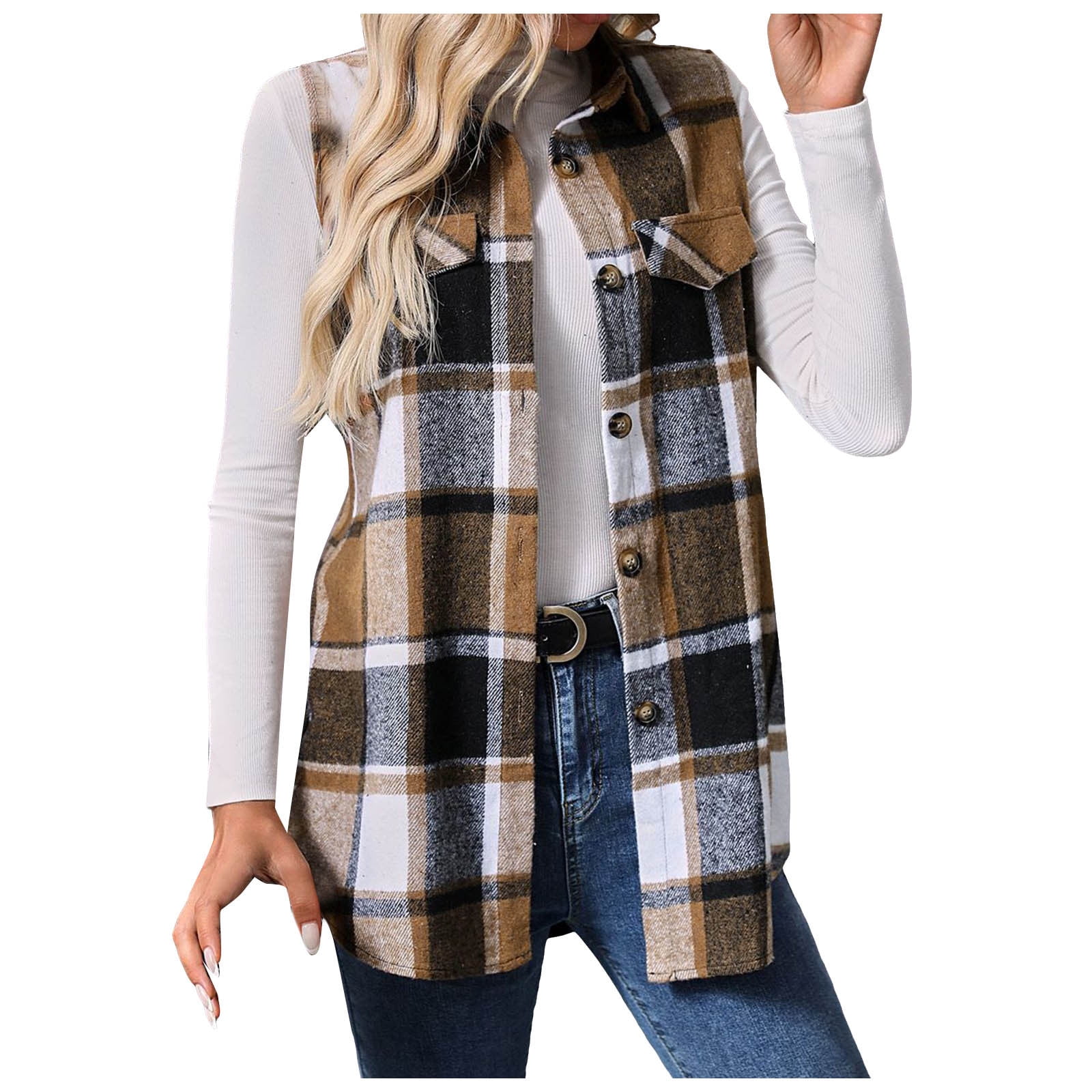 GEWSEY Plaid Vest for Women Lapel Button Down Sleeveless Shacket Fall ...