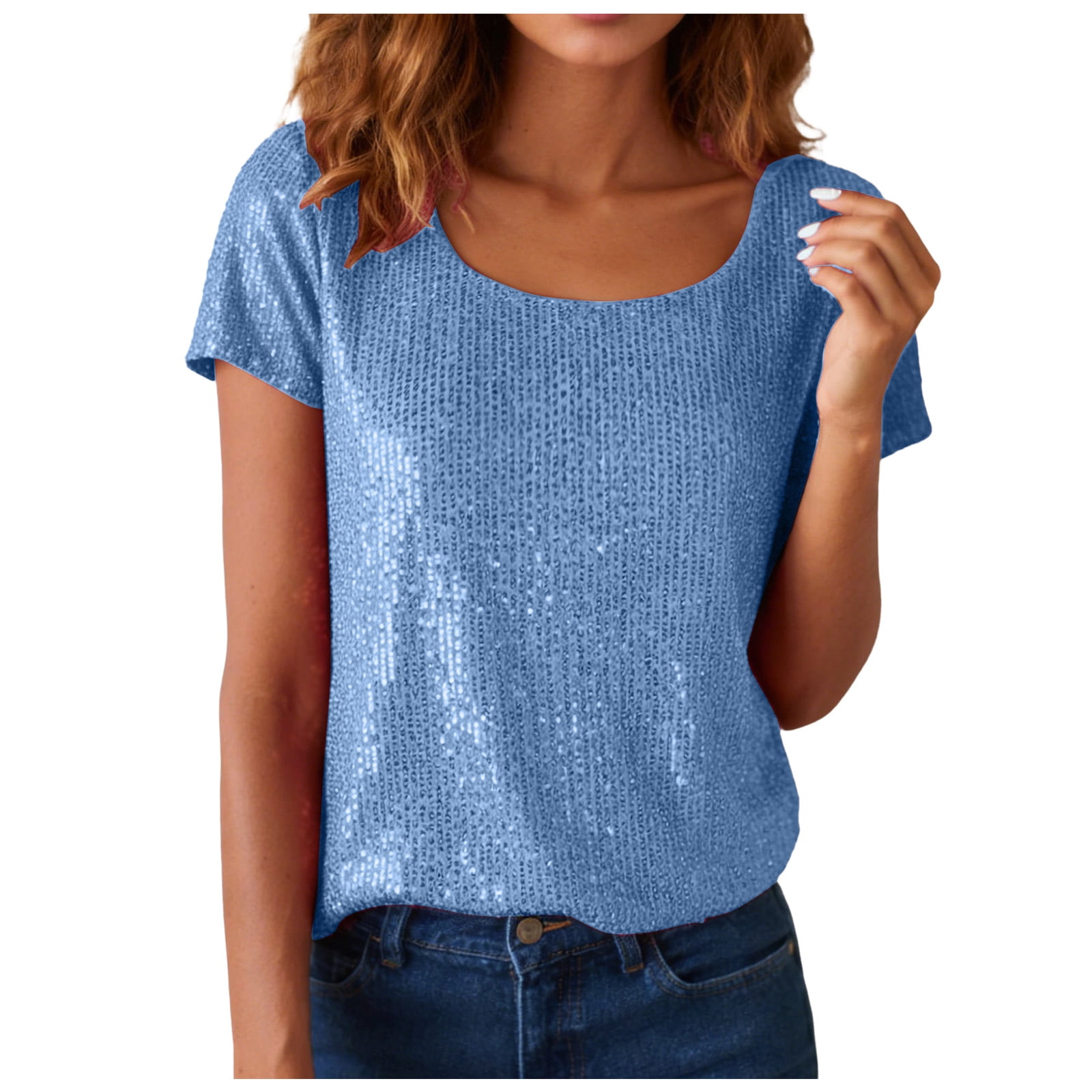 GEWSEY Sparkle Tops for Women Party Night Crewneck Short Sleeve Sequin ...