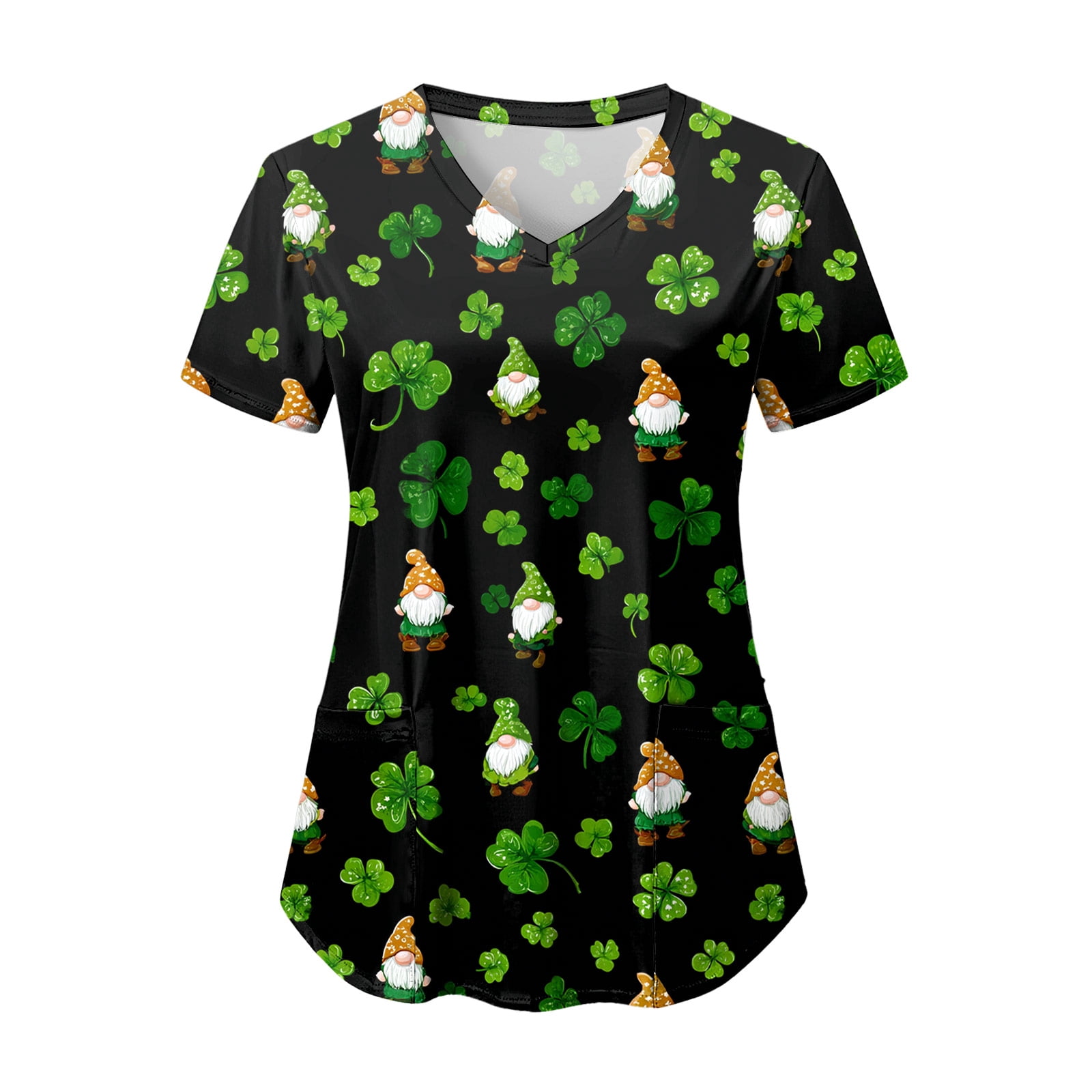 GEWSEY St Patrick Day Shirts Women Holiday-Themed Clover Print Scrub ...
