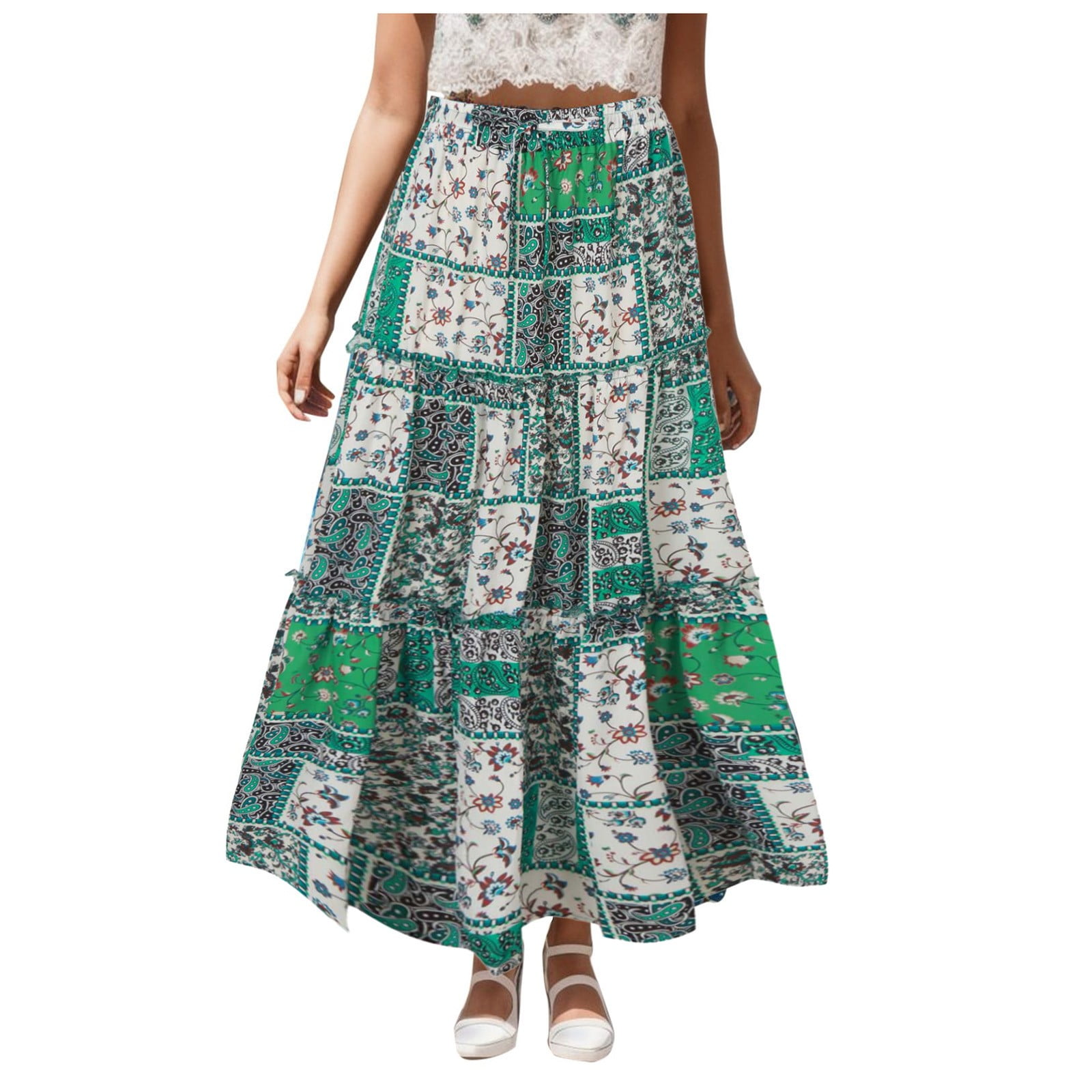 GEWSEY Women Boho Floral Print Maxi Skirt Summer High Waisted Tiered ...