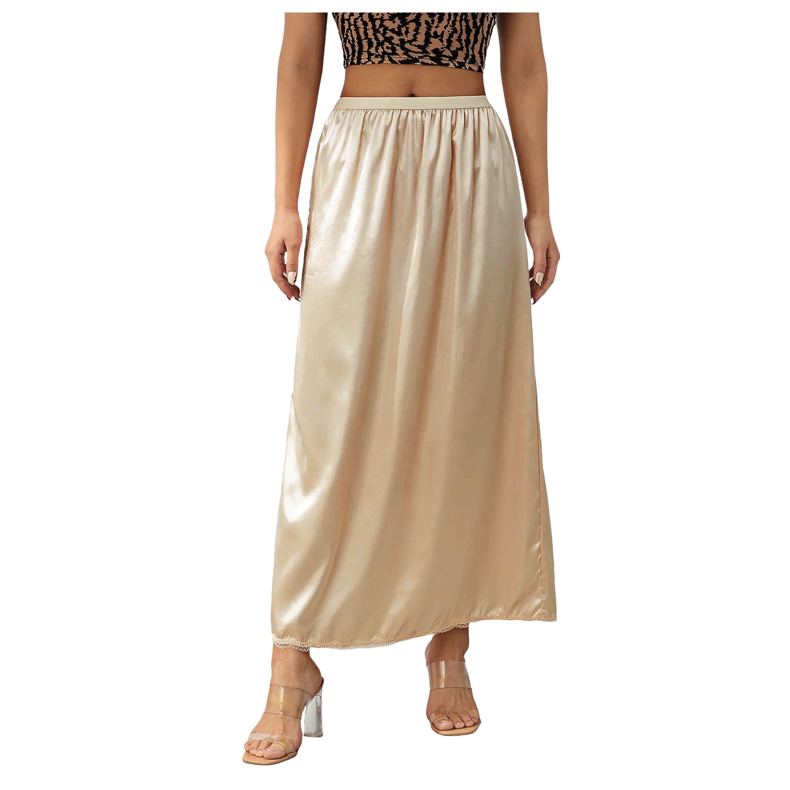 GEWSEY Women Half Slip Soft Satin Half Slip Lace Long Underskirt Half ...