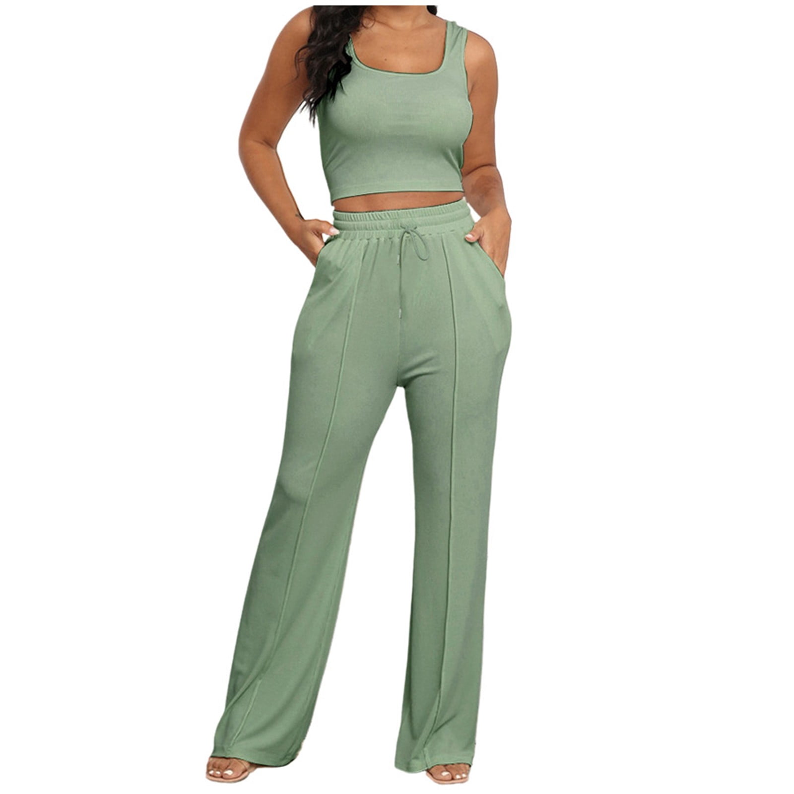 GEWSEY Women's 2 Piece Outfit Sleeveless Rib Knit Crop Tops and Wide ...